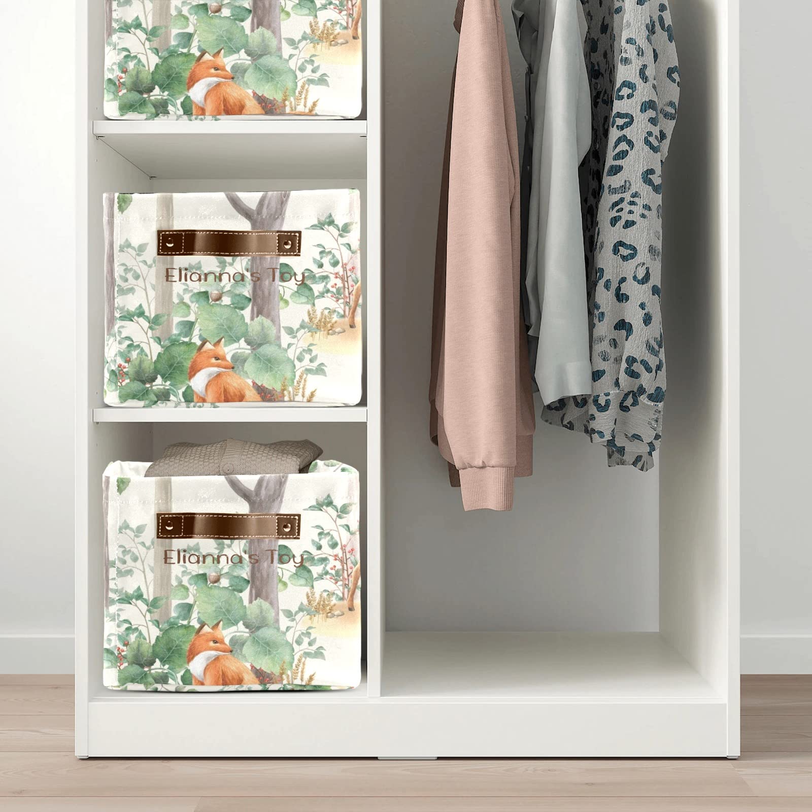 Joyestore Woodland Bear Deer Fox Personalized Storage Bins Baskets Cubes Organizer with Handle for Shelves Closet Nursery Toy 1 Pack