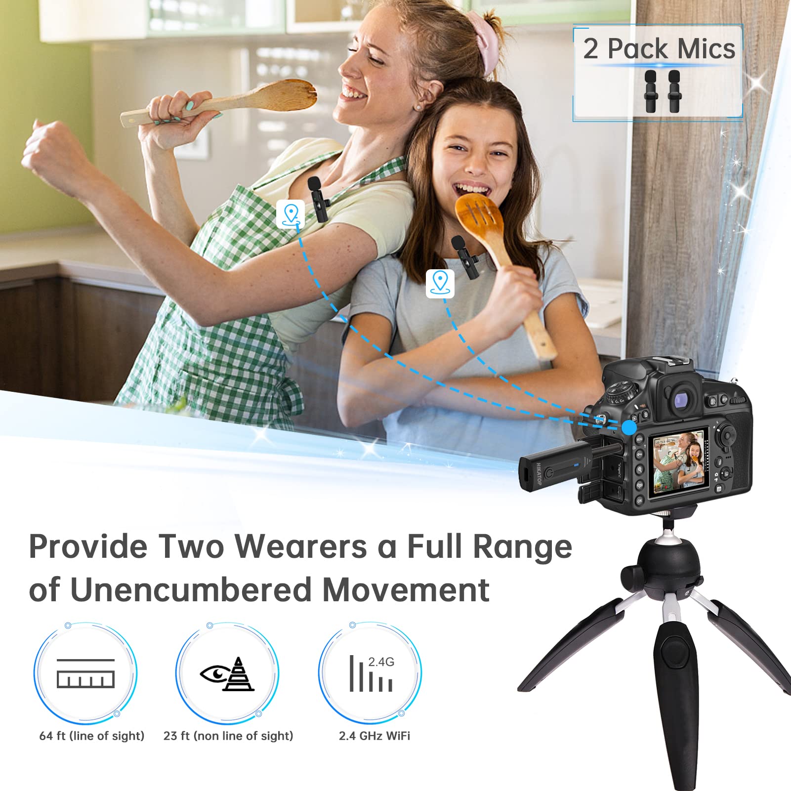 HIKATOP Wireless Lavalier Microphone for iPhone, Android, PC - Omnidirectional Polar Pattern, TRRS to TRS Adapter Included, 2 Pack Mics