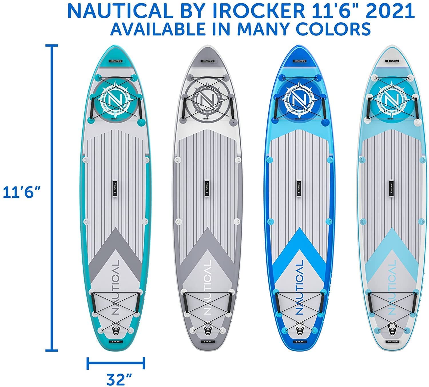 iROCKER Nautical Inflatable Stand Up Paddle Board, Superb Maneuverability 11' Long 32" Wide 6" SUP with Premium Bag, Adjustable Paddle, Pump, Leash, Fins & Repair Kit, Teal