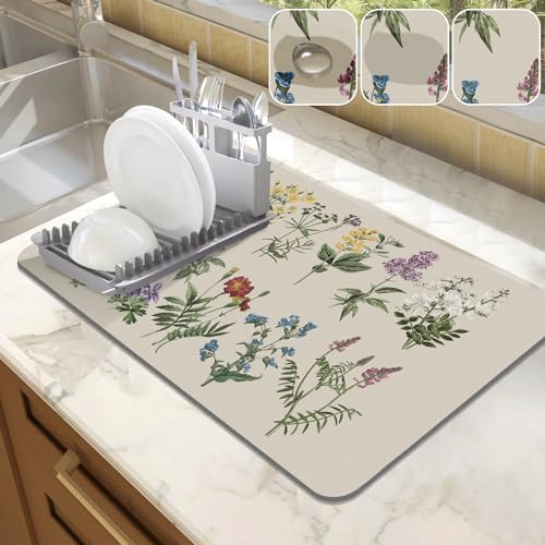 LOKHOM Dish Drying Mat for Kitchen Counter, 12"x20" Absorbent Coffee Bar Mat with Vintage Sage Flower Herbs, Dish Drainer Rack Mats for Kitchen Counter Coffee Maker Coffee Pot Dining Room Decoration