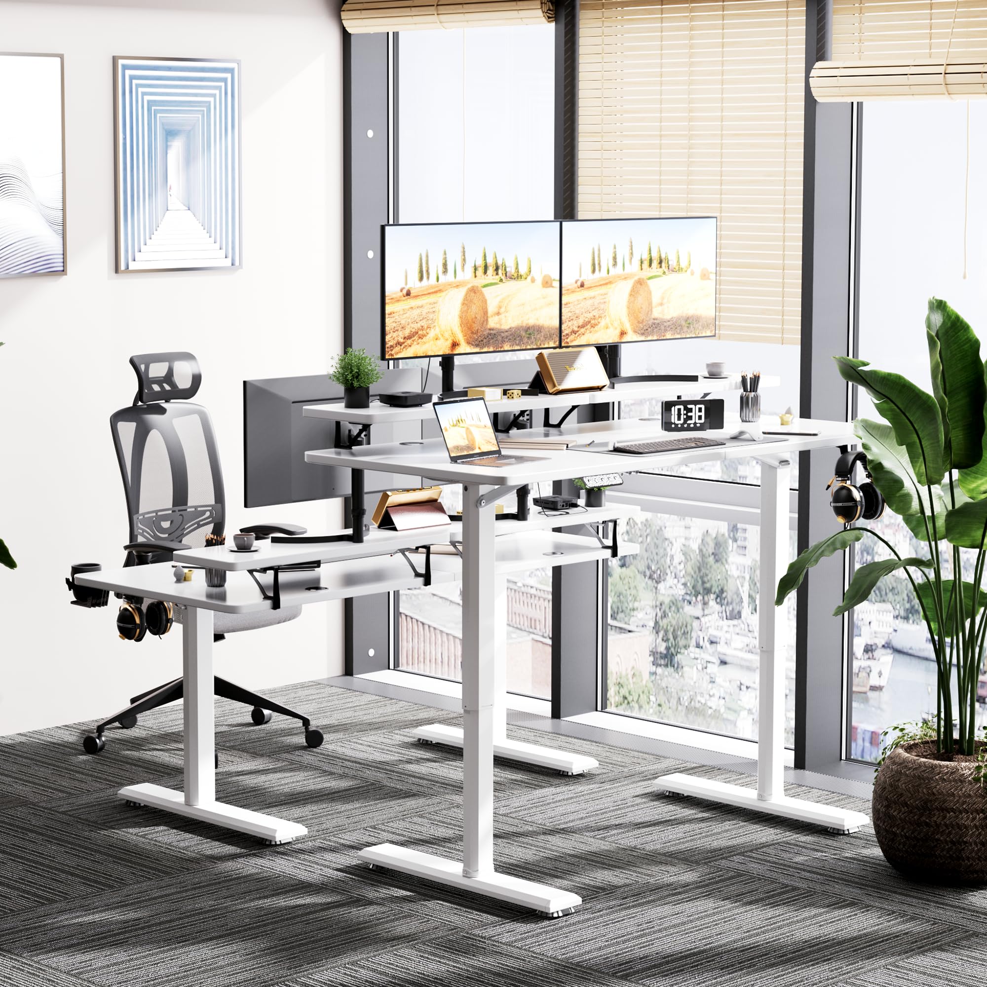 Kemon Electric Standing Desk with Monitor Stand, 55 x 24 Inch Height Adjustable Sit Stand up Desk, Home Office Computer Workstation with Cup Holder and Hook, Stand Table for Work, Carbon Black