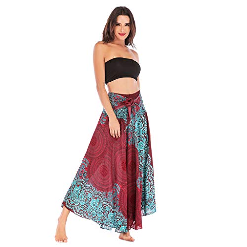 Long Skirts for Women Fall with Pockets Elegant Waist Boho Floral Flowers Elastic Gypsy Halter Bohemian Hippie Skirt Red