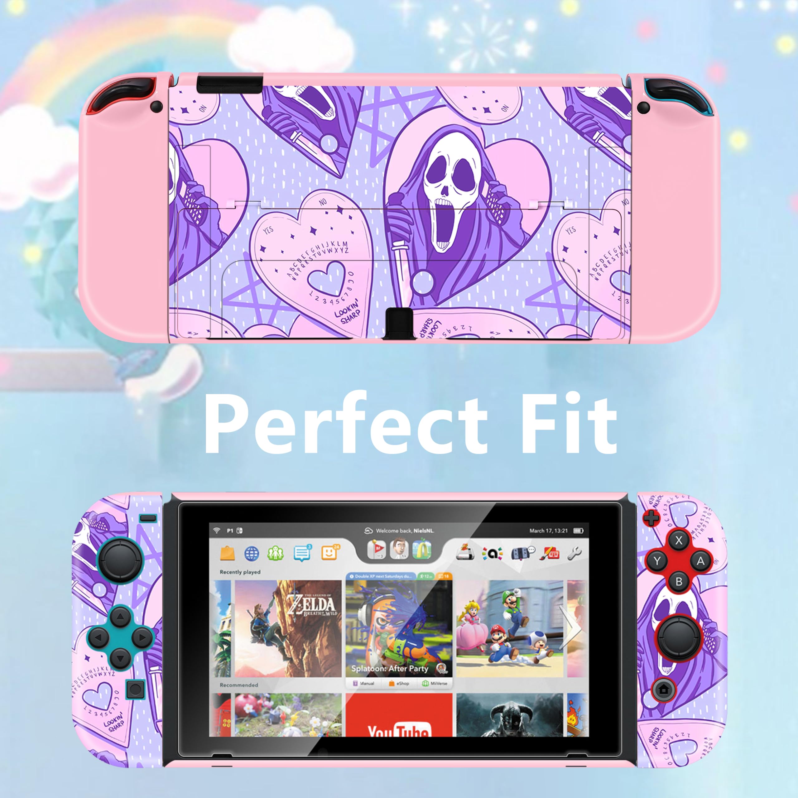 Oqplog Ghost Case for Nintendo Switch OLED 2021 Skeleton Skull Cool Design Character Fashion Scratch Resistant Cases Hard Shell Cover for Girls Kids Boys Men for Switch OLED,Pp
