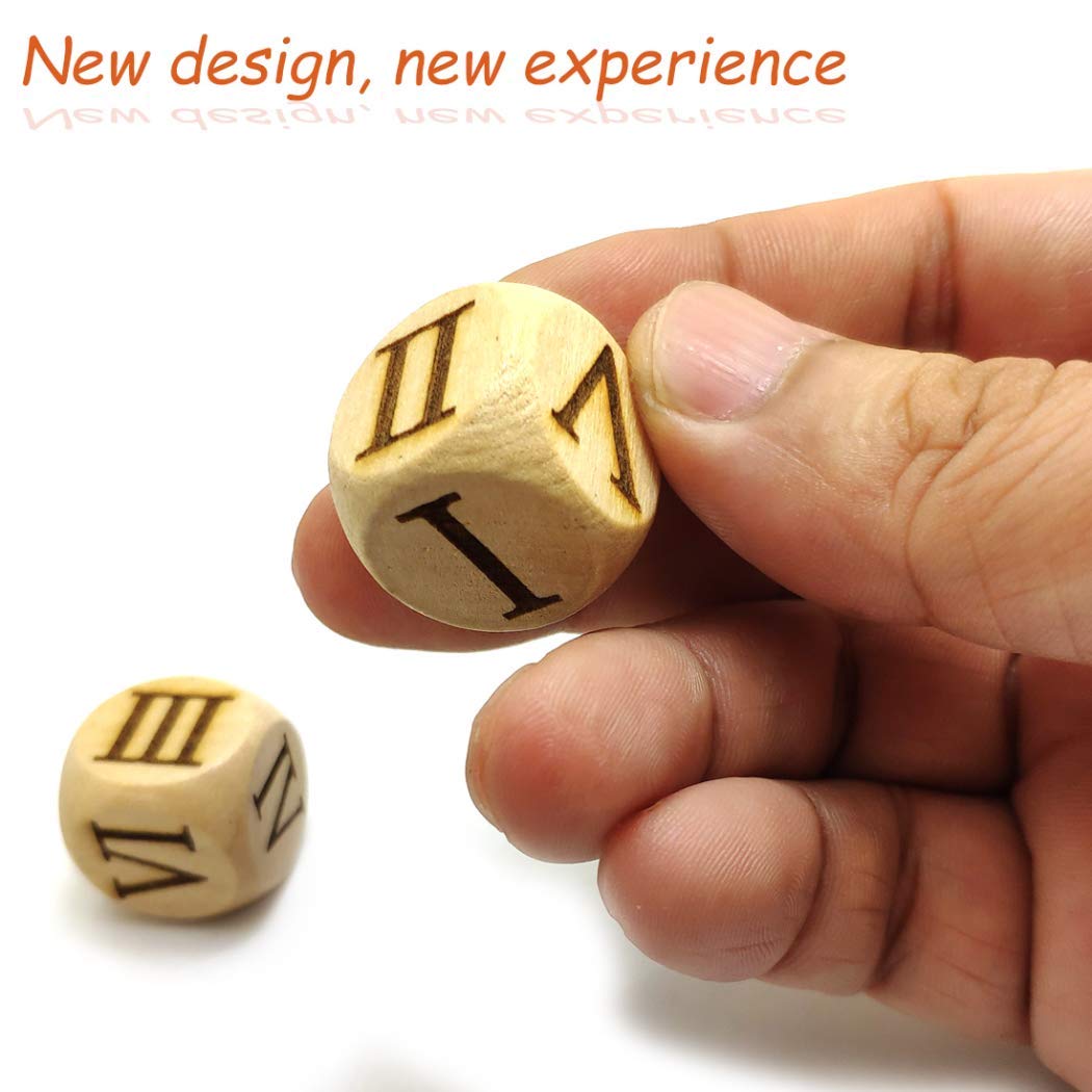 Hometu Set of 6 Pieces 20MM Wood Dice Set Creative Design Roman Number Pattern Wood Rolling Dices Party Game Roll Decider
