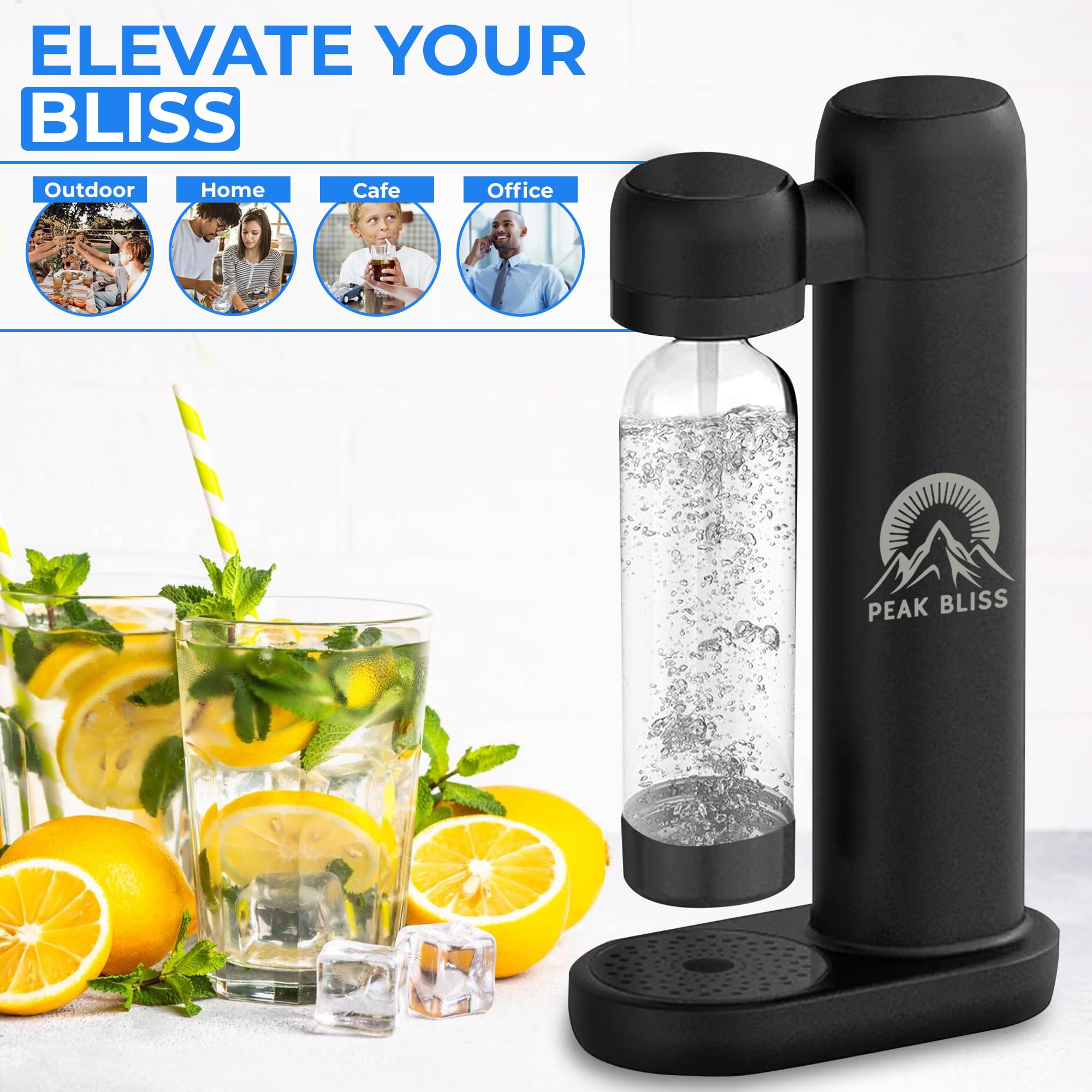 Peak Bliss Original Soda Maker (Matte Black): Carbonate Drink (1L PET Bottle Included), Create Sparkling, Seltzer & Fizzy Water, Compatible with Any Screw-In 60L CO2 Carbonator (Not Included)