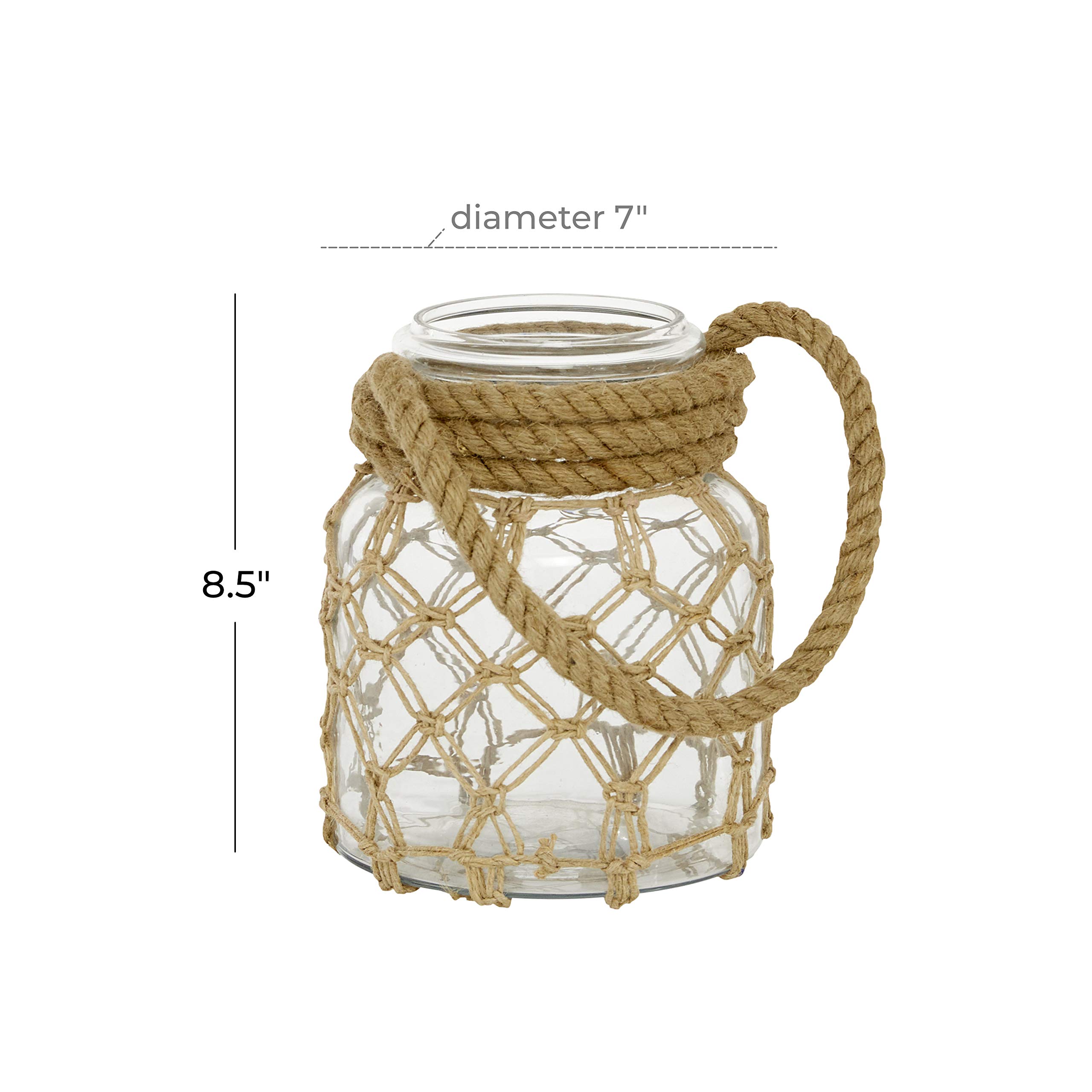 The Novogratz Glass Decorative Candle Lantern with Rope Handle, 7" x 8" x 9", Clear