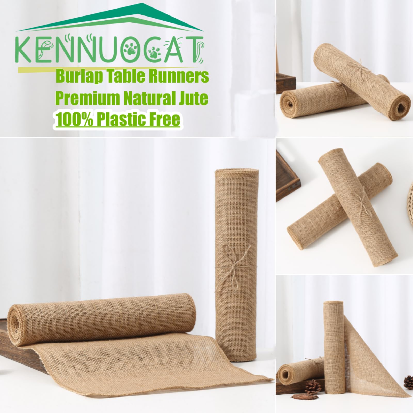 KENNUOCAT Burlap Table Runners - Natural and Eco-Friendly Versatile Premium Jute Fabric Rolls -12x108Inches(1 Roll) Decor for Weddings,Partie,Events and Home-Rustic Style Tablecloth-DIY Crafts