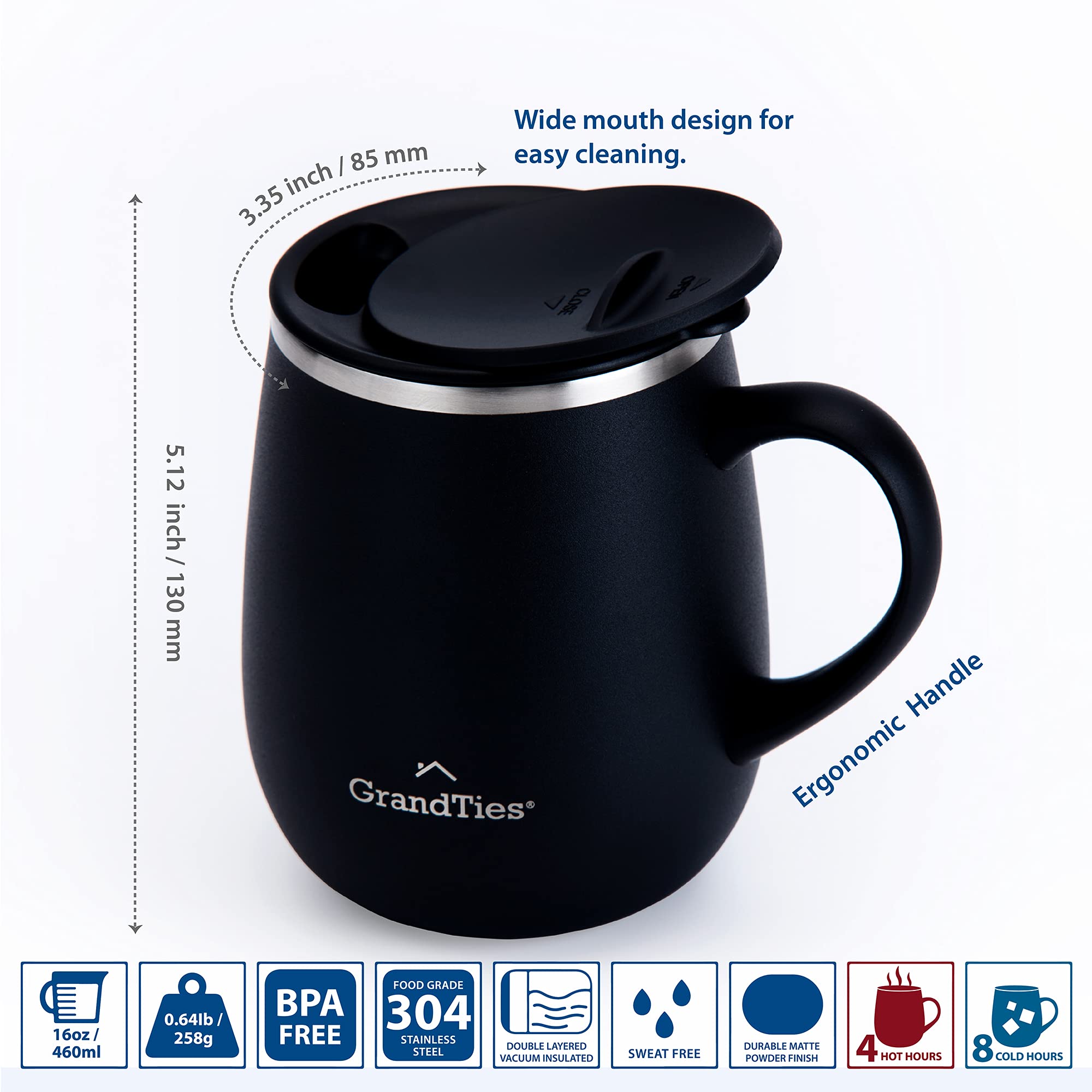 GRANDTIES Insulated Coffee Mug with Handle - Sliding Lid for Splash-Proof 16 oz Wine Glass Shape Thermos Tumbler with Double Walled Vacuum Stainless Steel to Keeps Beverages Hot or Cold - Black