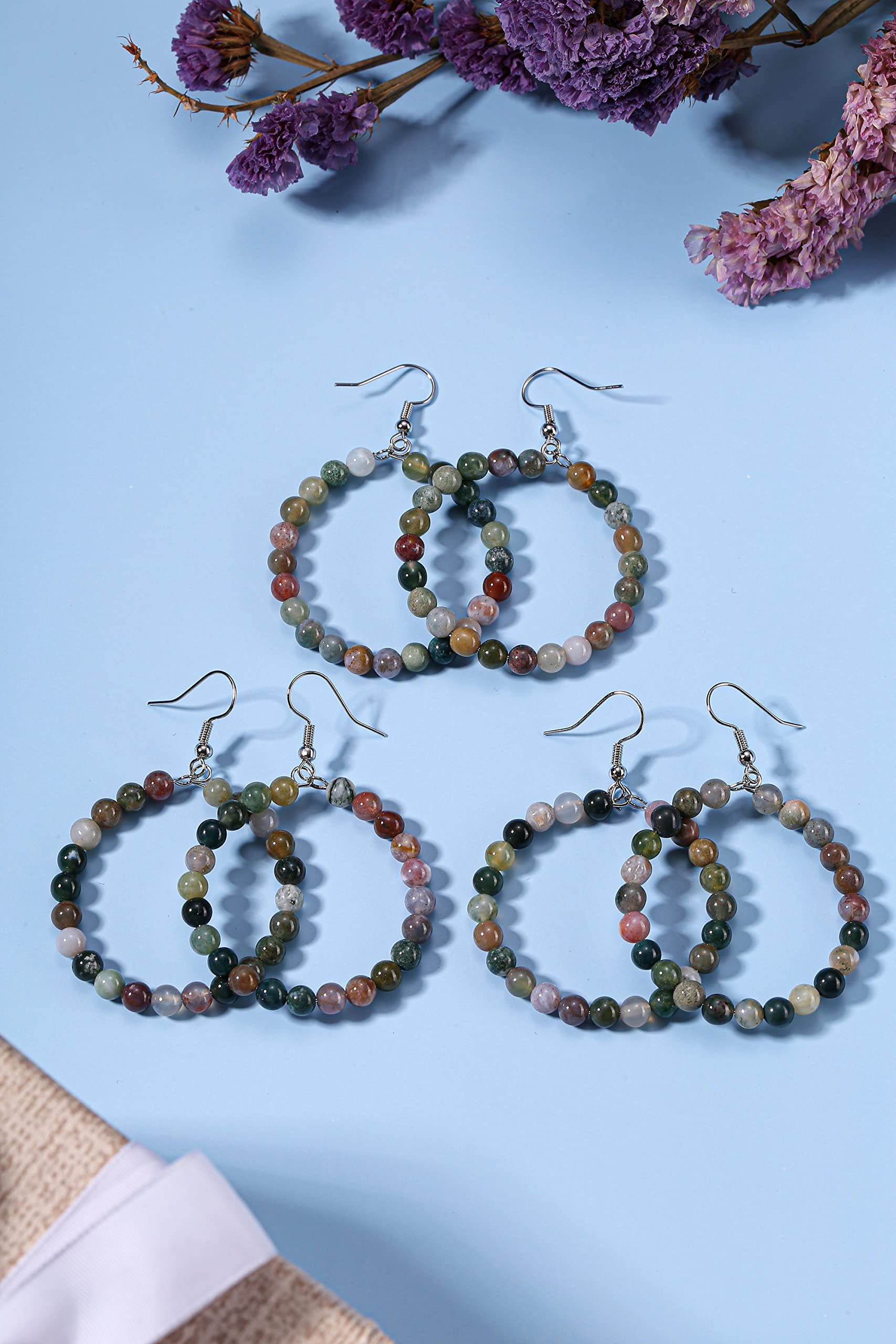 Jovivi Crystal Dangle Earrings for Women Natural Indian Agate Round Gemstone Healing Crystal Stone Beads Earrings Hoop Dangle