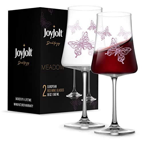 JoyJolt Meadow Butterfly Red Wine Glasses ā Premium Red Wine Glasses Set of 2 ā Exquisite Pink Butterfly Crystal Wine Glasses ā 21oz Long Stem Unique Wine Glasses ā Made in Europe