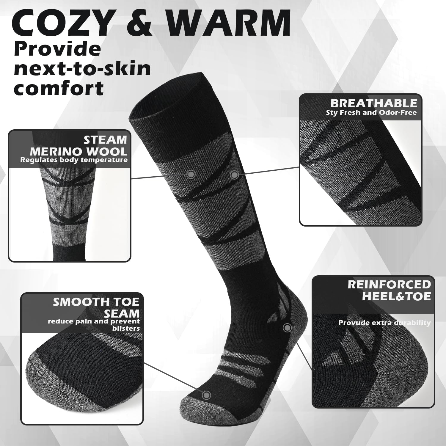 IRAMY Merino Wool Thermal Knee High Warm Socks Men Women 2 Packs For Winter Skiing Snowboarding Hunting Cold Weather