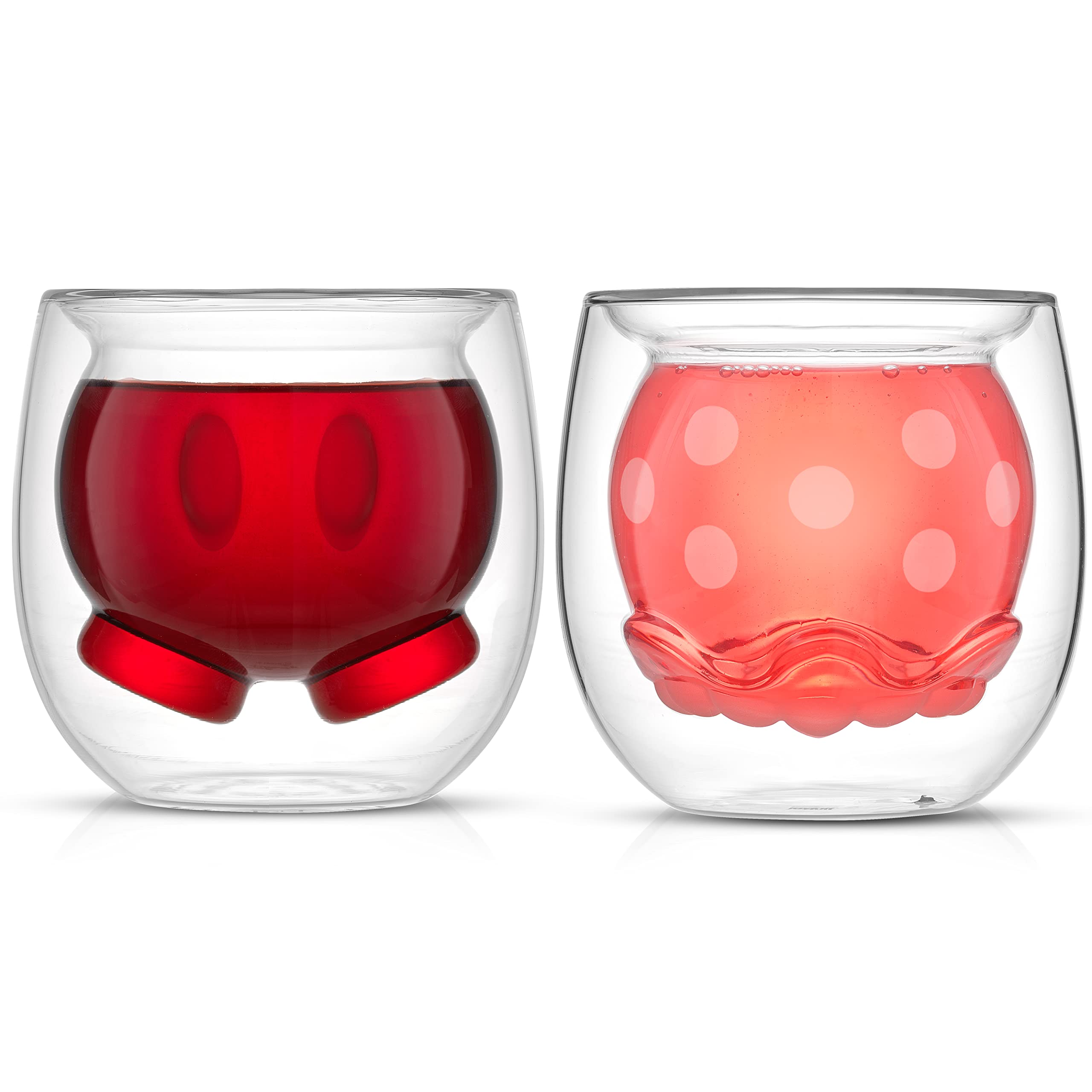 JoyJolt Mickey Pants and Minnie Skirt 3D 7.4oz Double Wall Glass Coffee Cups (2pc). Disney Coffee Mug, Espresso Cups and Tea Cups Collection of Double Wall Glasses and Disney Gifts.