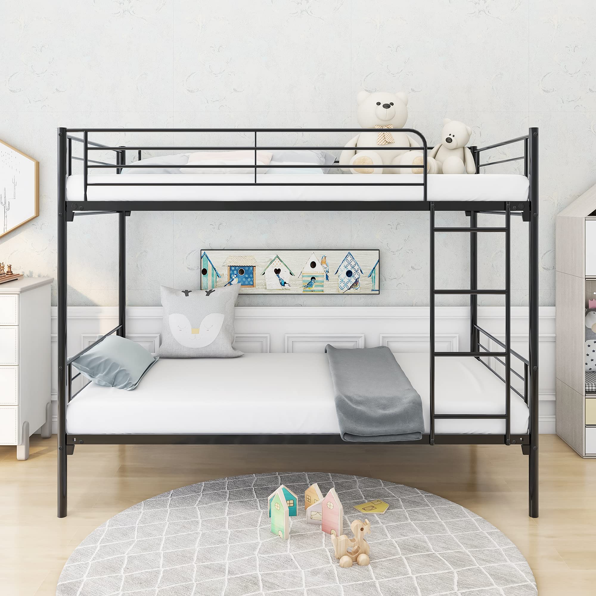 HAUSHECK Metal Bunk Beds Twin Over Twin Size, Bed Frame with Removable Ladder & Enhanced Upper-Level Guardrail, Space-Saving, No Box Spring Needed, Heavy Duty Sturdy Frame for Junior & Adults