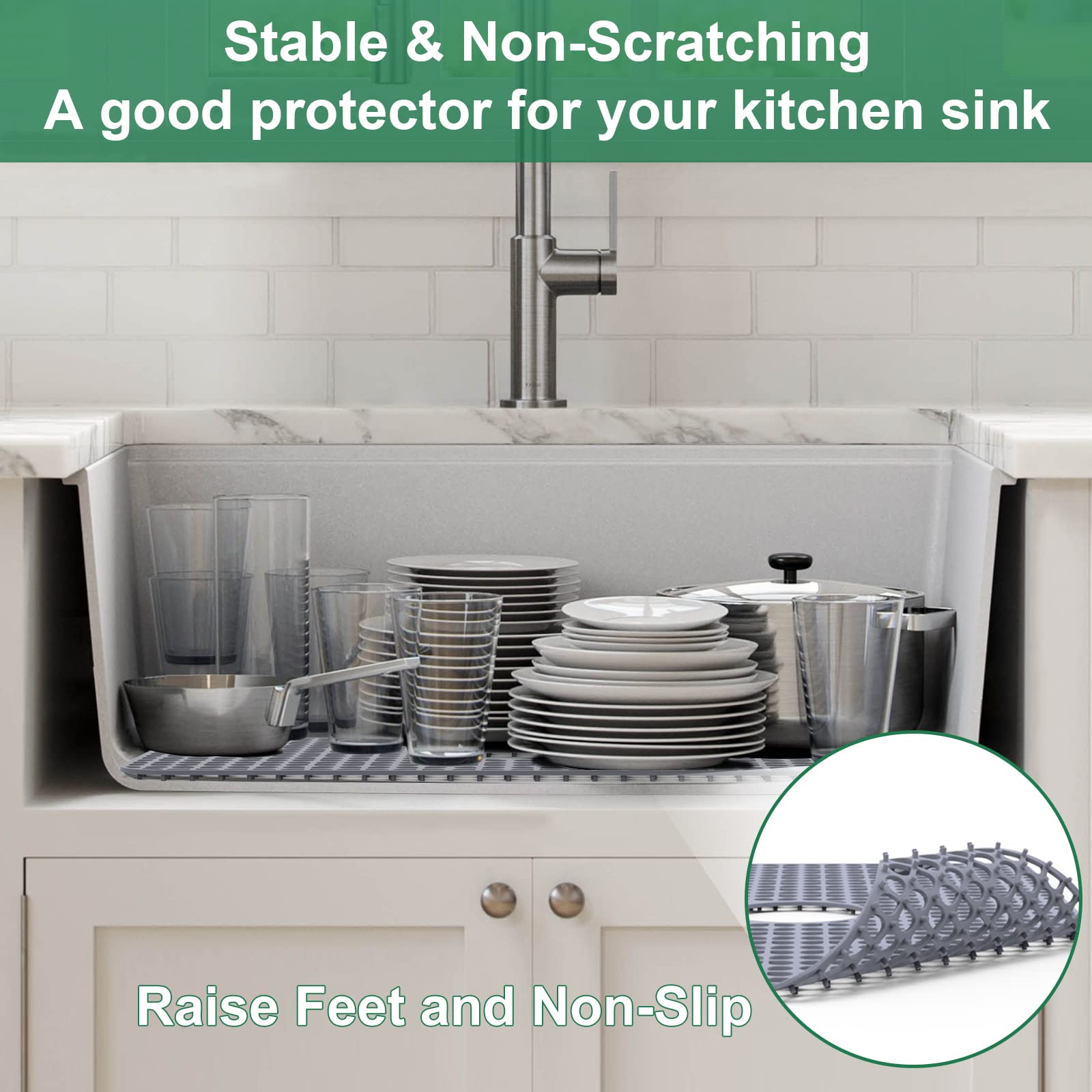 MOSTWOGO Silicone Sink Protector for Kitchen Sink 28''x15'', Heat Resistant Kitchen Sink Mat for Bottom of Stainless Steel/Porcelain Sink ,Rear Drain, 1PCS No-Slip Sink Grid Accessories(Grey)