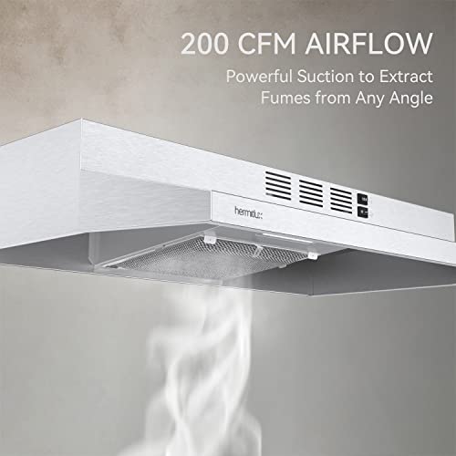 hermitlux Range Hood 30 Inch Under Cabinet, Convertible Kitchen Exhaust Fan, Stainless Steel Vent Hood with LED Light