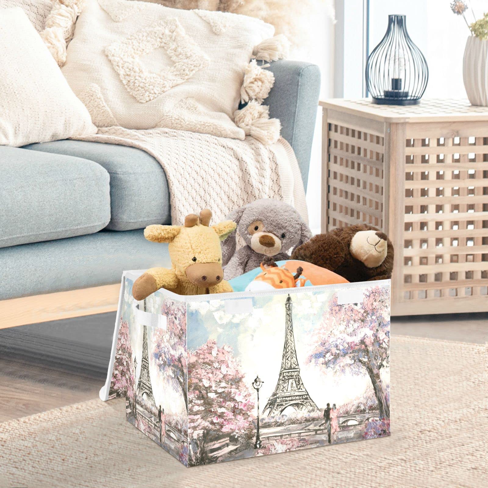 Kigai Beautiful Paris Eiffel Tower Lidded Home Storage Bins, Foldable Storage Basket with Double Handle, Flip-Top Storage Box for Toys Clothes Documents