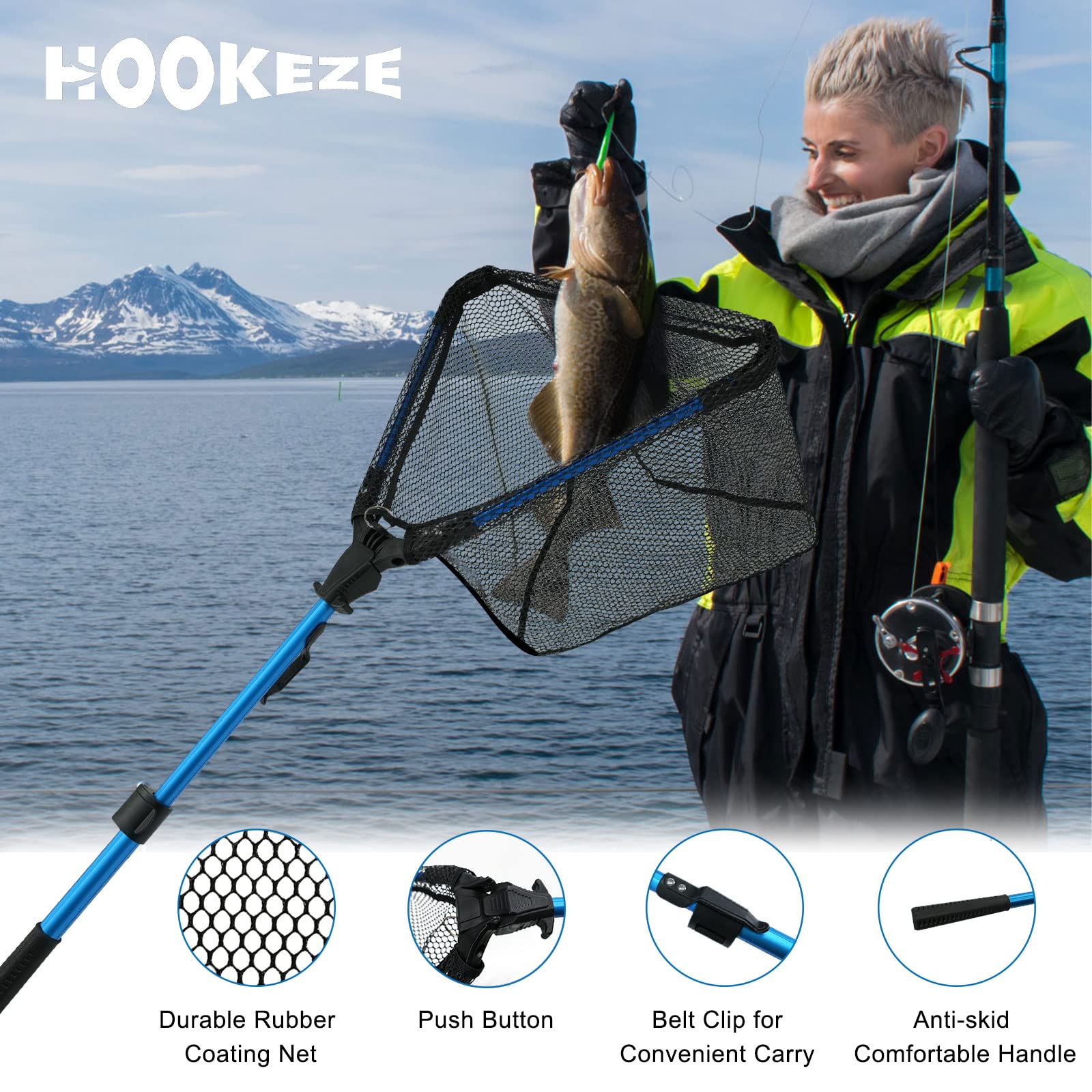 Hook-Eze Fishing Net with Telescoping Pole Handle - Extends up to 23 inches, Floating Fishing Net, Foldable & Compact, Rubber Coated Landing Net, 12 inch Hoop Size