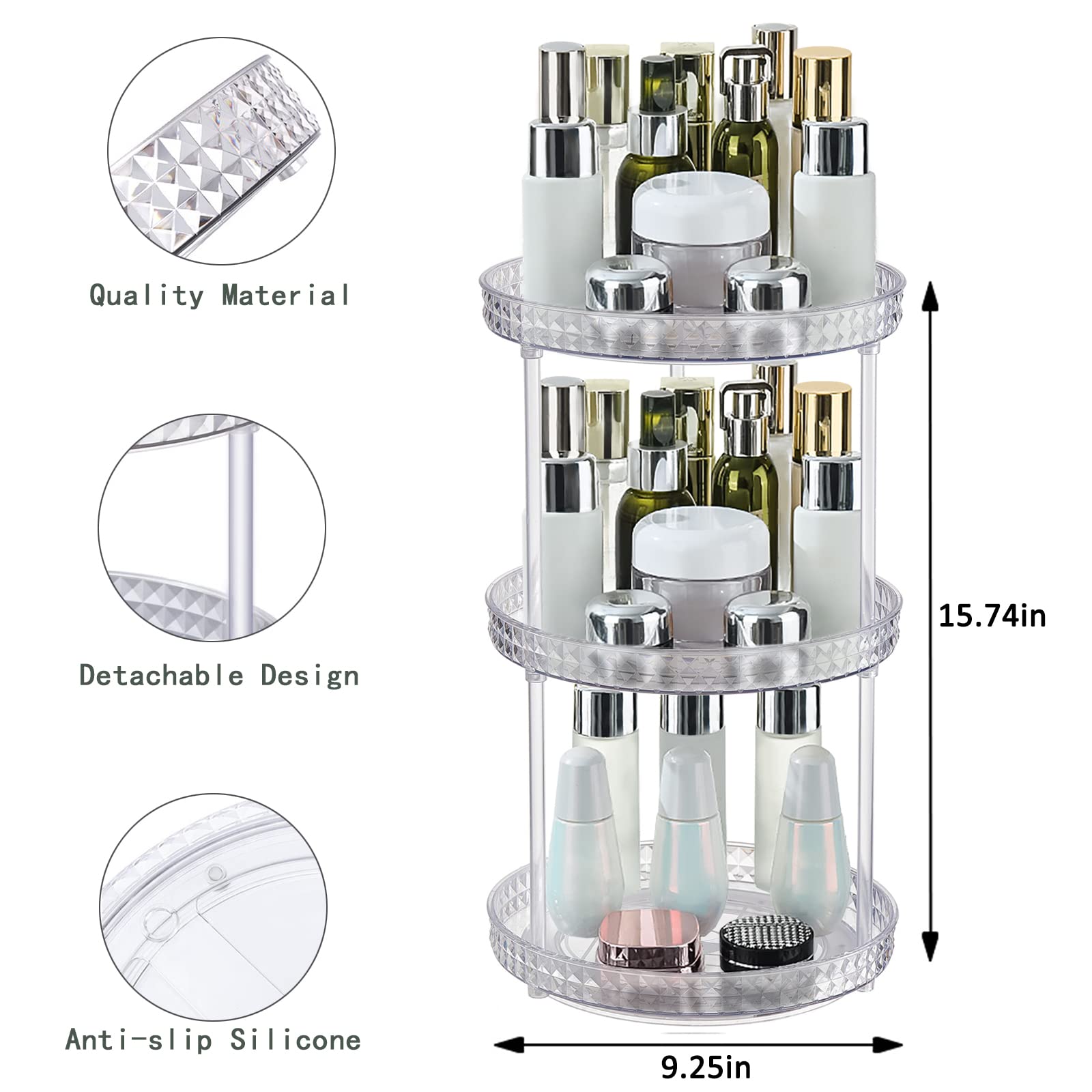 KSDSOAM 3 Tier 360 Rotating Makeup Organizer and Storage,Skincare Organizers Cosmetic Display Case Perfume Holder Rotating Tray Storage Carousel for Vanity Bathroom Organizer Countertop(Clear)