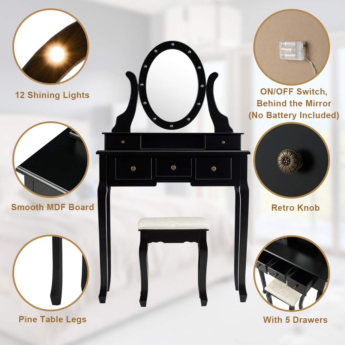 Giantex Vanity Table Set with 12 Lights Mirror, Bedroom Makeup Dressing Table with 360° Rotating Oval Mirror, 5 Drawers and Shelf, Modern Makeup Table with Cushioned Stool for Girls Women (White)