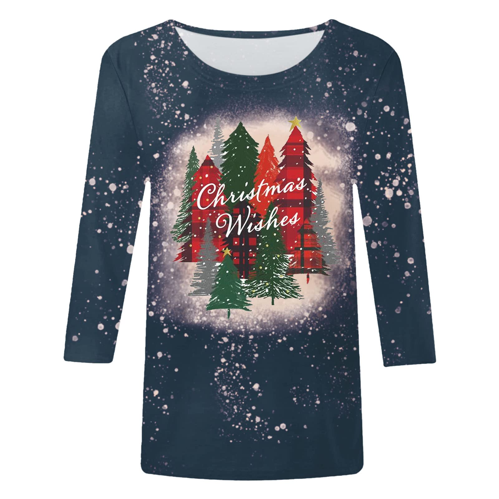 Pullovers For Women Graphic Cute Elk Pattern Blouse Oversized Long Sleeve Tees Lightweight T Shirt Hoodies Teen Clothes Navy