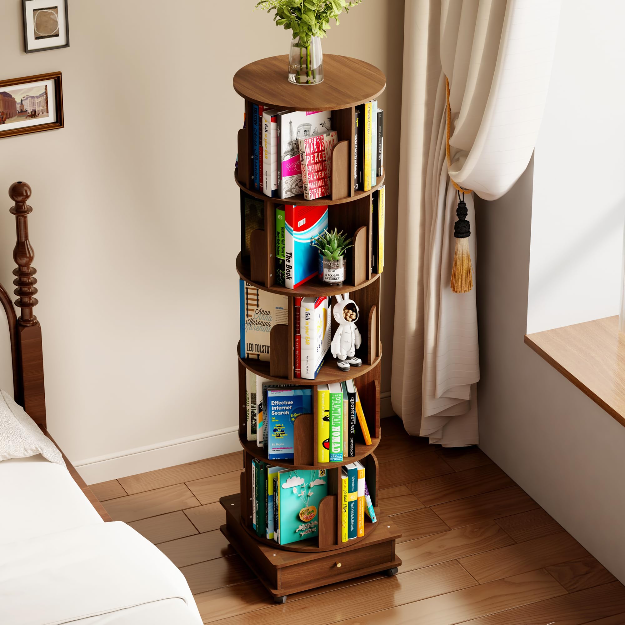 RNE Solid Wood Rotating Bookshelf Tower, 360 Rotating Bookshelf, Mobile Bookcase with Drawers and Wheels, for Bedroom, Living Room, Office (Walnut, 6-Tier)