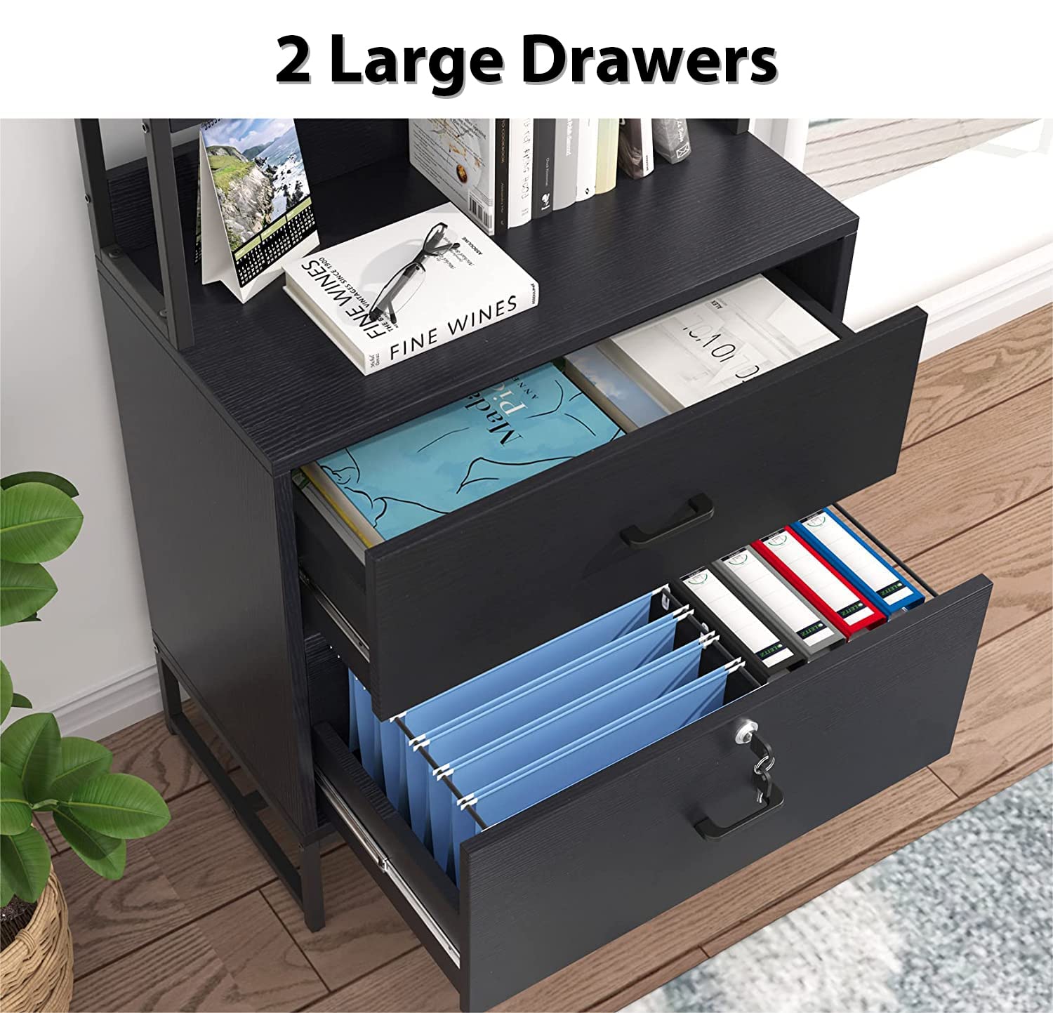 Jehiatek File Cabinets for Home Office with Lock 2 Drawer, Office Organization and Storage, Large Vertical Filing Cabinet with Bookshelf, Sturdy, Durable, Easy to Assemble and Clean (Black)