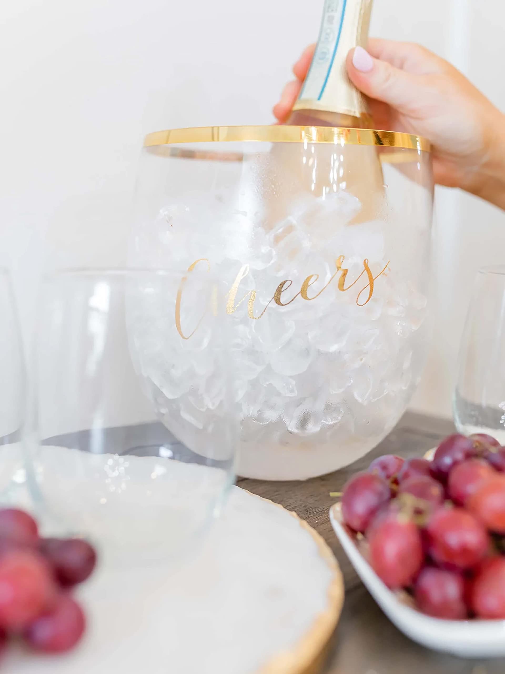 Mary Square Cheers Gold Tone Rim 6.5 x 8 Glass Champagne Ice Bucket