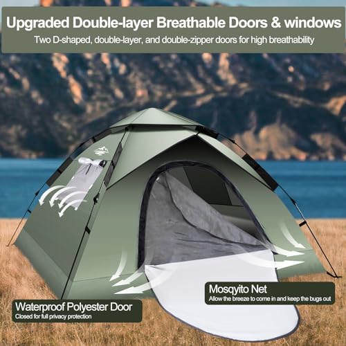 Instant Pop Up Tents for Camping, 2-3 Person Camping Tent Automatic 60s Setup Dome Tent, 2 in 1 Double-Layer Waterproof Family Tent for Hiking Backpacking