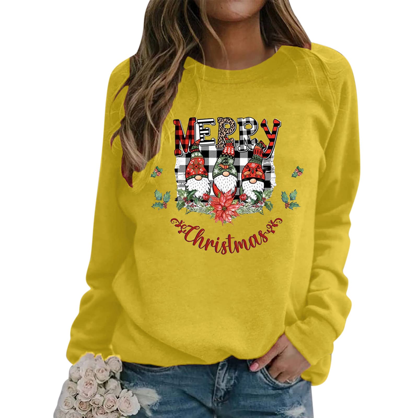 Pullovers For Women Graphic Funny Christmas T-Shirt Long Sleeve Festival Shirts Flowy All-match Pullovers Christmas Tops Yellow