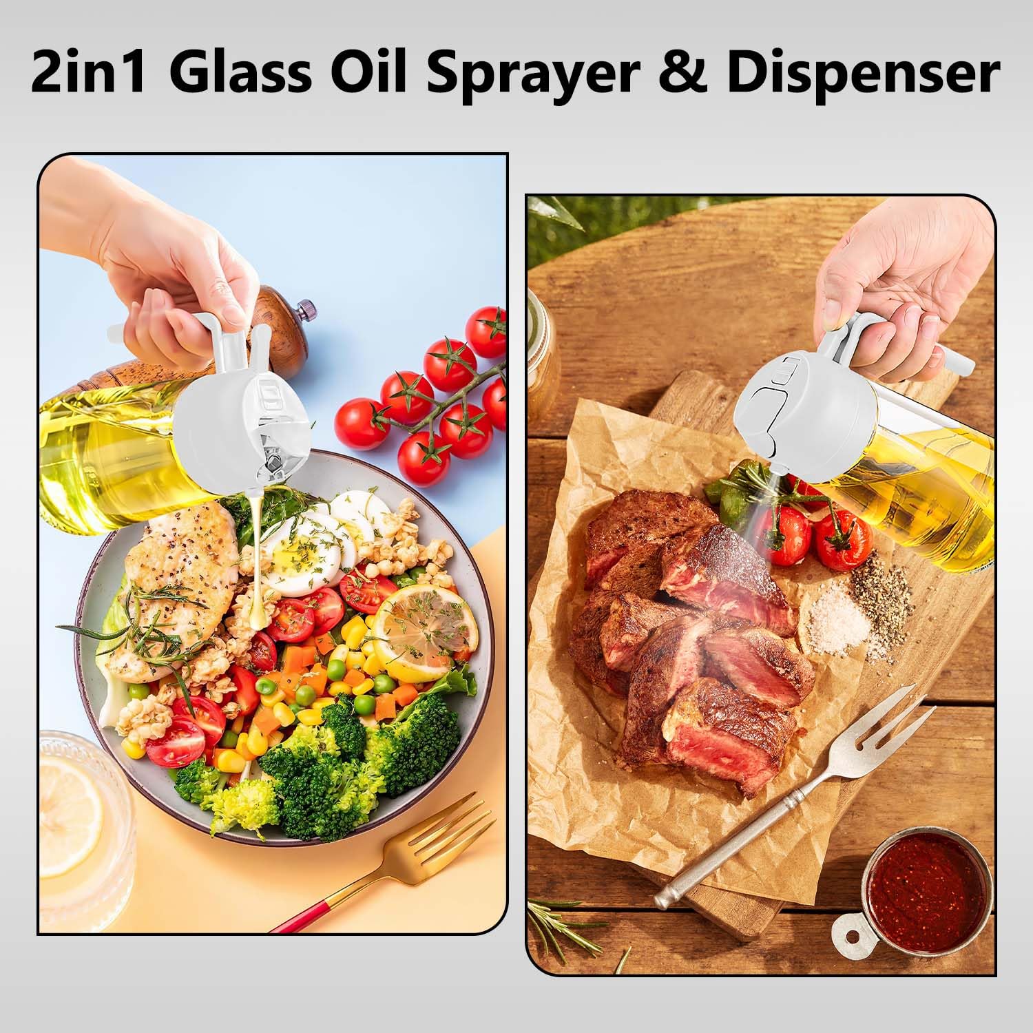MISEDI Oil Sprayer for Cooking,2 in 1 Glass Oil Sprayer & Dispenser,Oil Dispenser Bottle for Kitchen,Salad, Grilling, Roasting, Baking (Black)