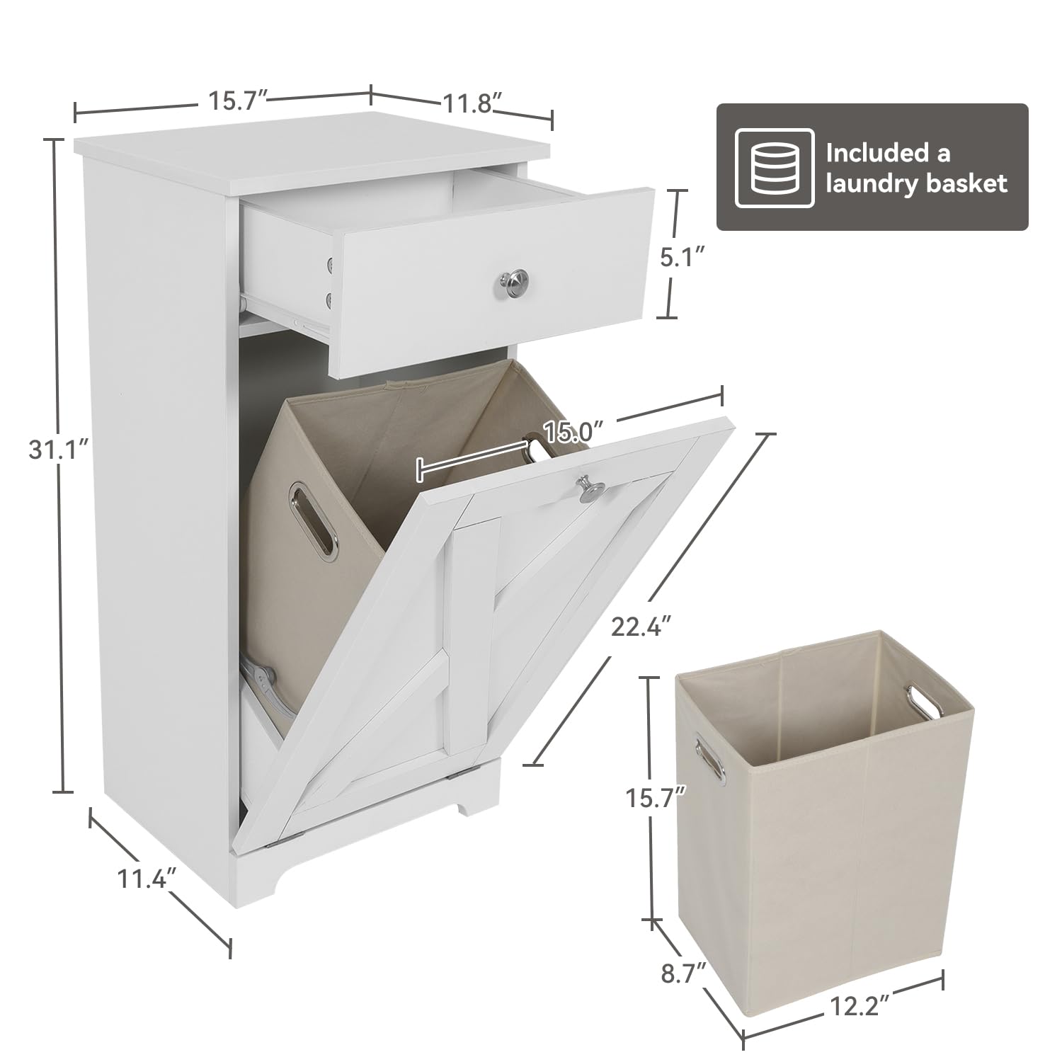 Puluomis Tilt Out Laundry Hamper Cabinet-Free Standing Kitchen Bathroom Laundry Cabinet-Wooden Bathroom Storage Cabinet with Drawer-White