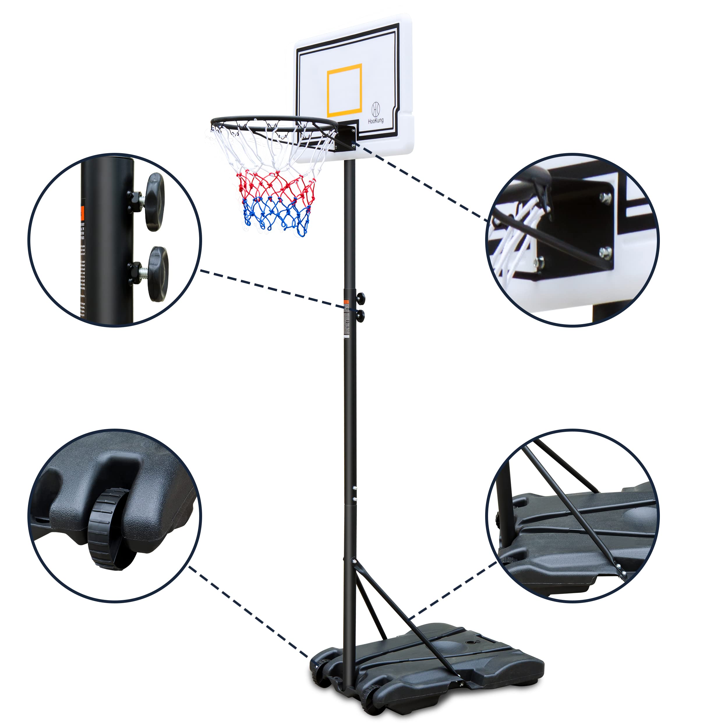 HooKung Portable Junior Basketball Hoop Stand Free Standing with 28" Backboard Height Adjustable Up to 7' for Teens