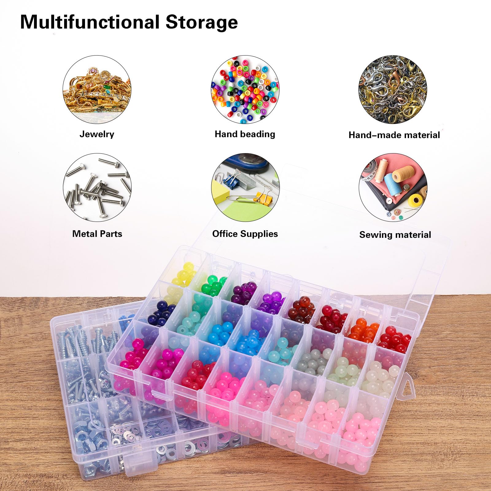 QUEFE 4 Packs 24 Grids Bead Organizer and Storage, Plastic Organizer Box with Removable Divider, Craft Organizer Box for Jewelry Small Parts Candies Snacks, with 8 Sheets of Label Stickers
