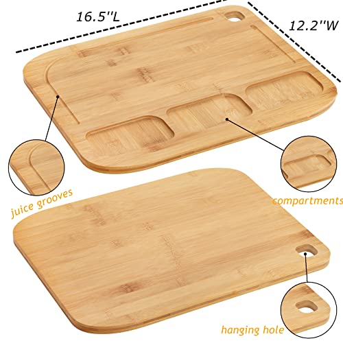 Lyellfe 2 Pack Bamboo Cheese Board, 16.5''L x 12.2''W Large Charcuterie Cutting Board with Juice Groove, Chopping Board Serving Platter for Brie, Meat, Vegetable, Pre Oiled, Organic Bamboo
