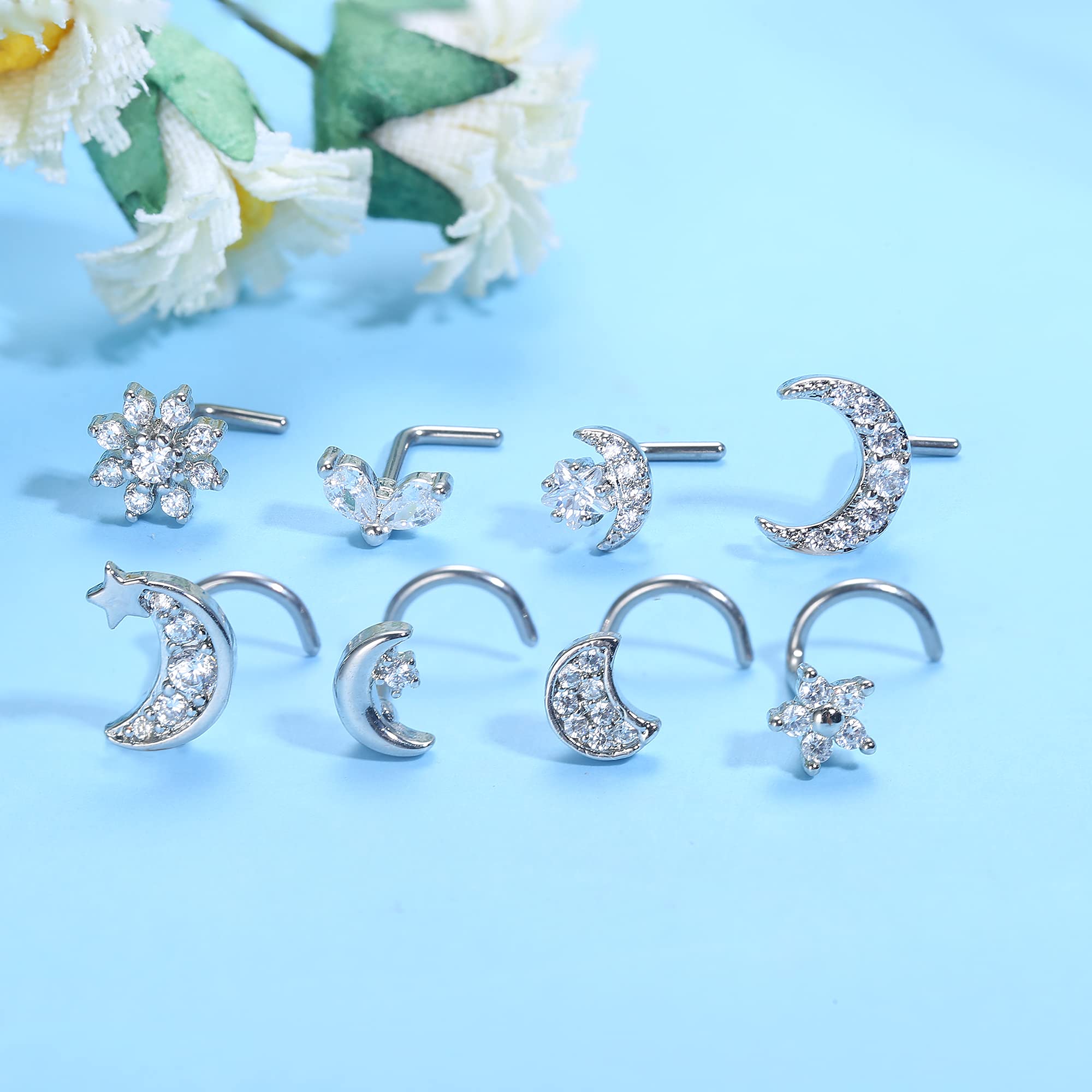 IRONBOX 8Pcs 20G Stainless Steel Nose Rings Stud Moon Star L Shaped Nose Rings Snowflake Nose Stud Screw Nose Rings Flower Nose Stud For Women Men