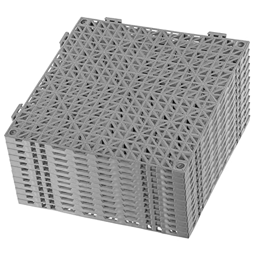 KEILEOHO 12 Pack 12 x 12 Inch Interlocking PVC Floor Tiles, Modular Interlocking Cushion Mats, Pool Drain Tiles Anti Slip Bathtub Mats with Drain Holes for Wet Area Patio Deck Balcony, Grey