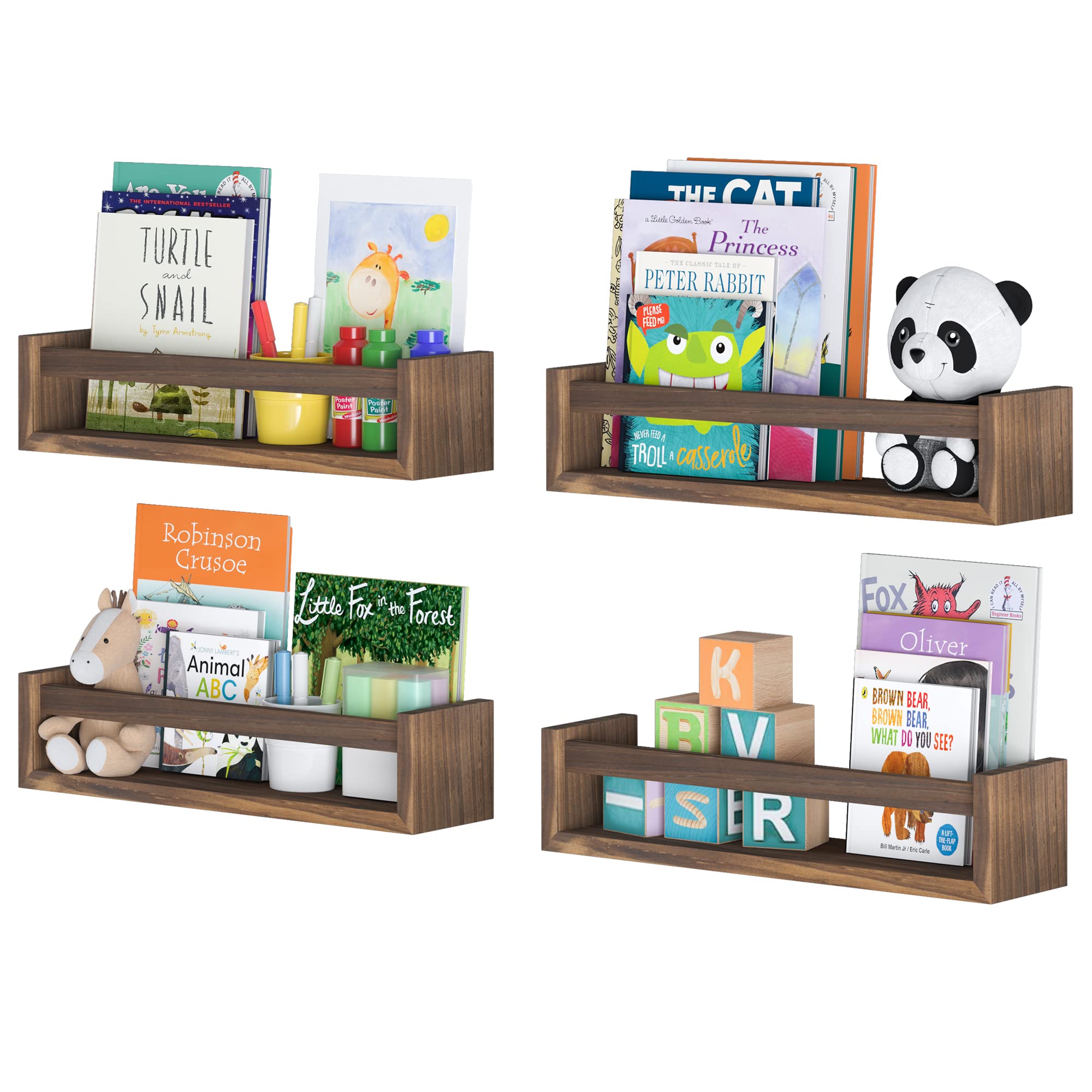 Wallniture Utah Nursery Bookshelf Set of 4, Floating Shelves for Kids Room Decor, Wood Wall Shelves (Burnt Wash Brown)
