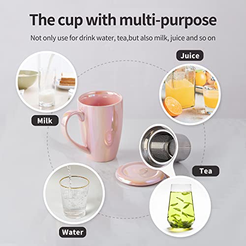 Jemirry Tea Cup with Infuser and Lid, Ceramic Cup with Lid, Tea Cup Tea Mug for Tea Lover, Porcelain Tea Strainer Cup, Tea Infuser Cup with Infuser Basket and Lid - Pink
