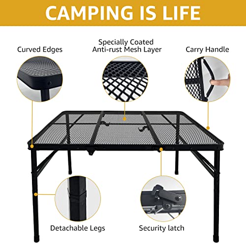 juserox Camping Table, 3FT Portable Folding Grill Table with Aluminum Frame and Metal Desktop, Height Adjustable Lightweight Outdoor Table with Carry Handle for Camping Picnic RV BBQ Beach, Black