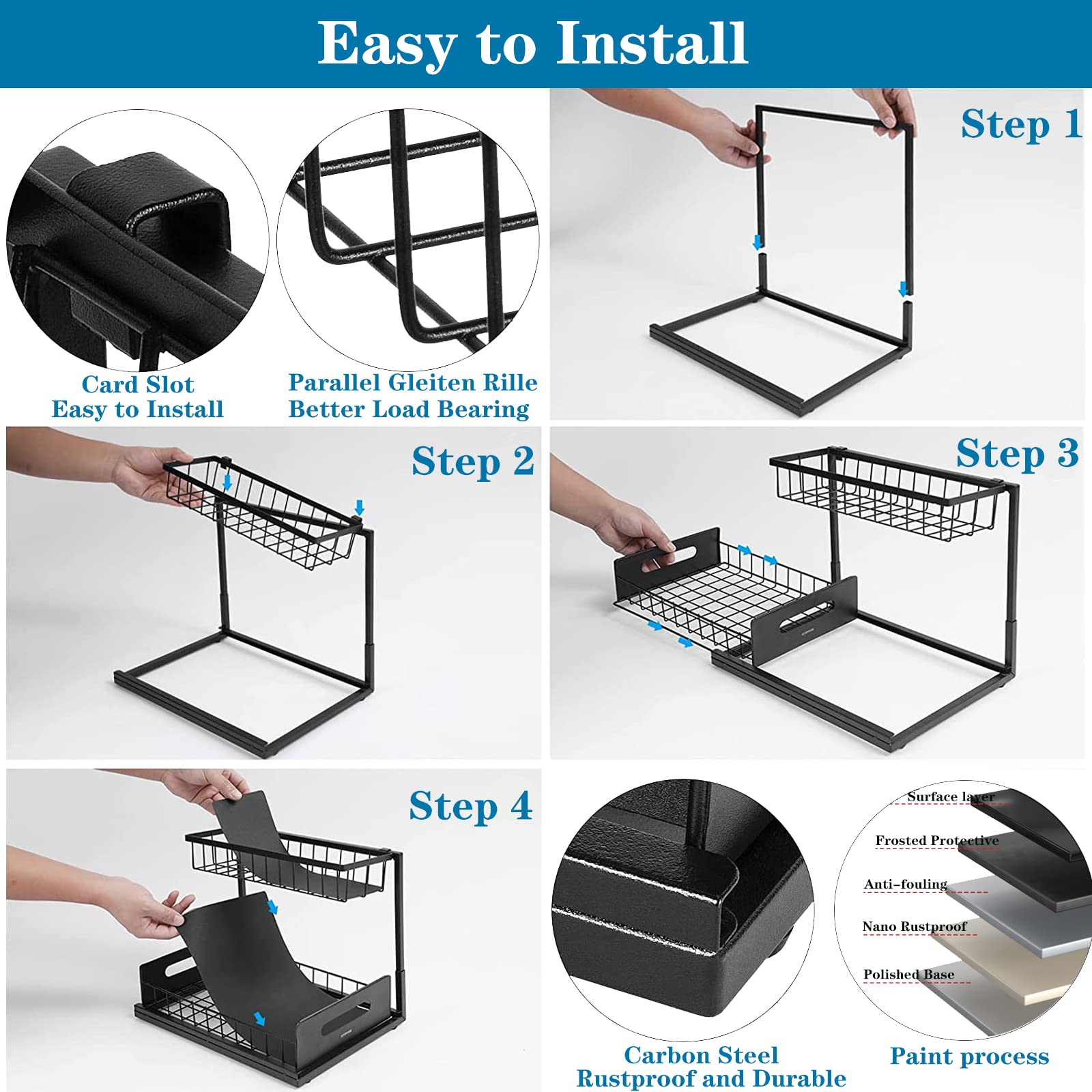 LFGKeng Under Sliding Sink Organizer, Pull Out Cabinet Drawer 2 Tier, Under Sink Shelf Organizer Rack, Under Cabinet Storage for Kitchen Spice Organizer, Bathroom Countertop Organize Baskets(Black)
