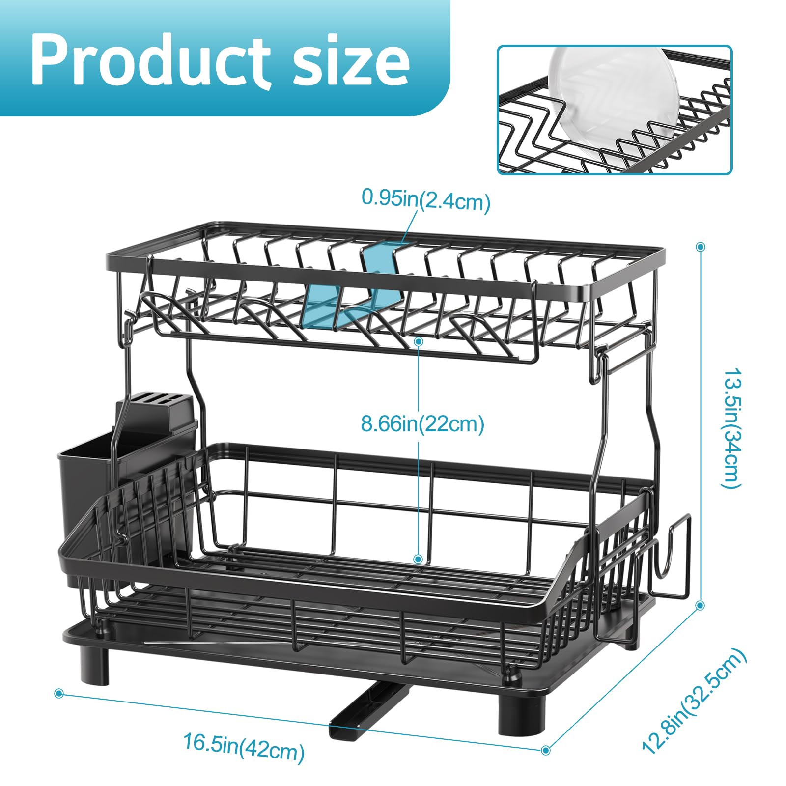 Ricobes Dish Drying Rack - 2 Tier Large Capacity Dish Rack- Dish Racks for Kitchen Counter with Drainboard, Rustproof Dish Drainer with Removable Utensil Holder,Cutting Board Holder,Cup Holder, Black