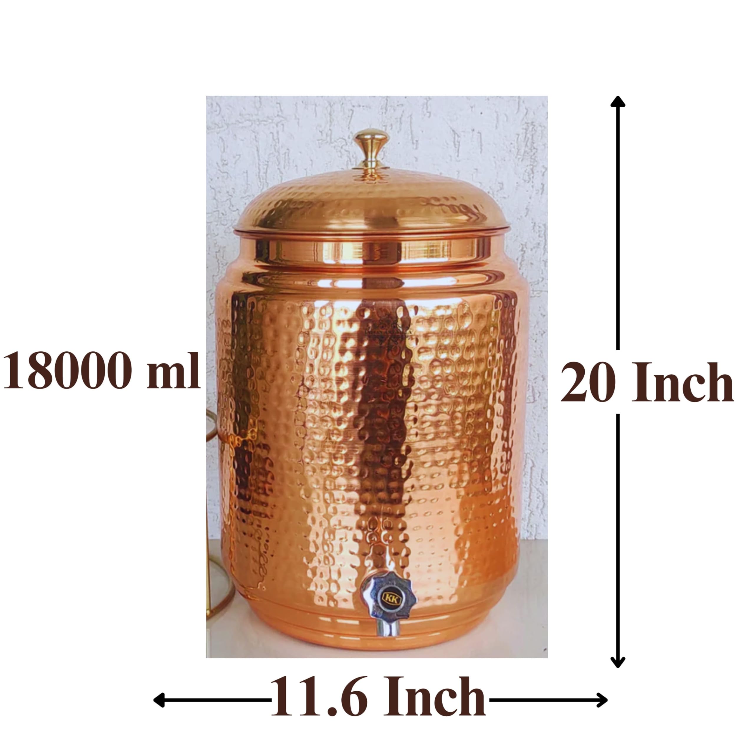Indian Art Villa Pure Copper Hammered Design Joint Proof Water Pot/Dispenser/Container/Matka/Tank with Brass Stand, Tap & Knob, for Storage & Serving Water, Volume- 608 Oz
