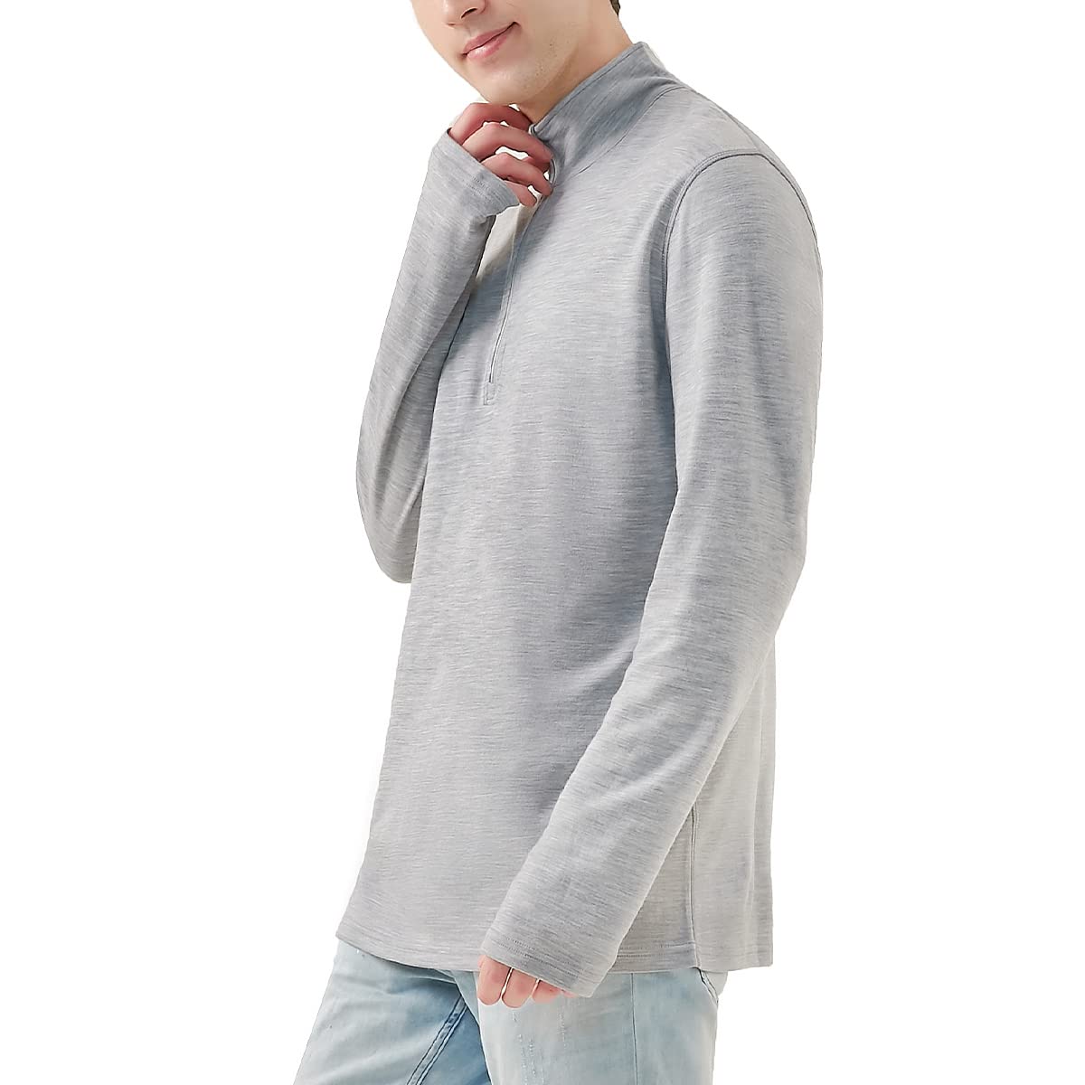 Merino Protect Merino Wool Base Layer Mens Soft Quarter Zip Pullover Sweaters Heavyweight Long Sleeve Shirt Hiking Hunting Light Grey Heather