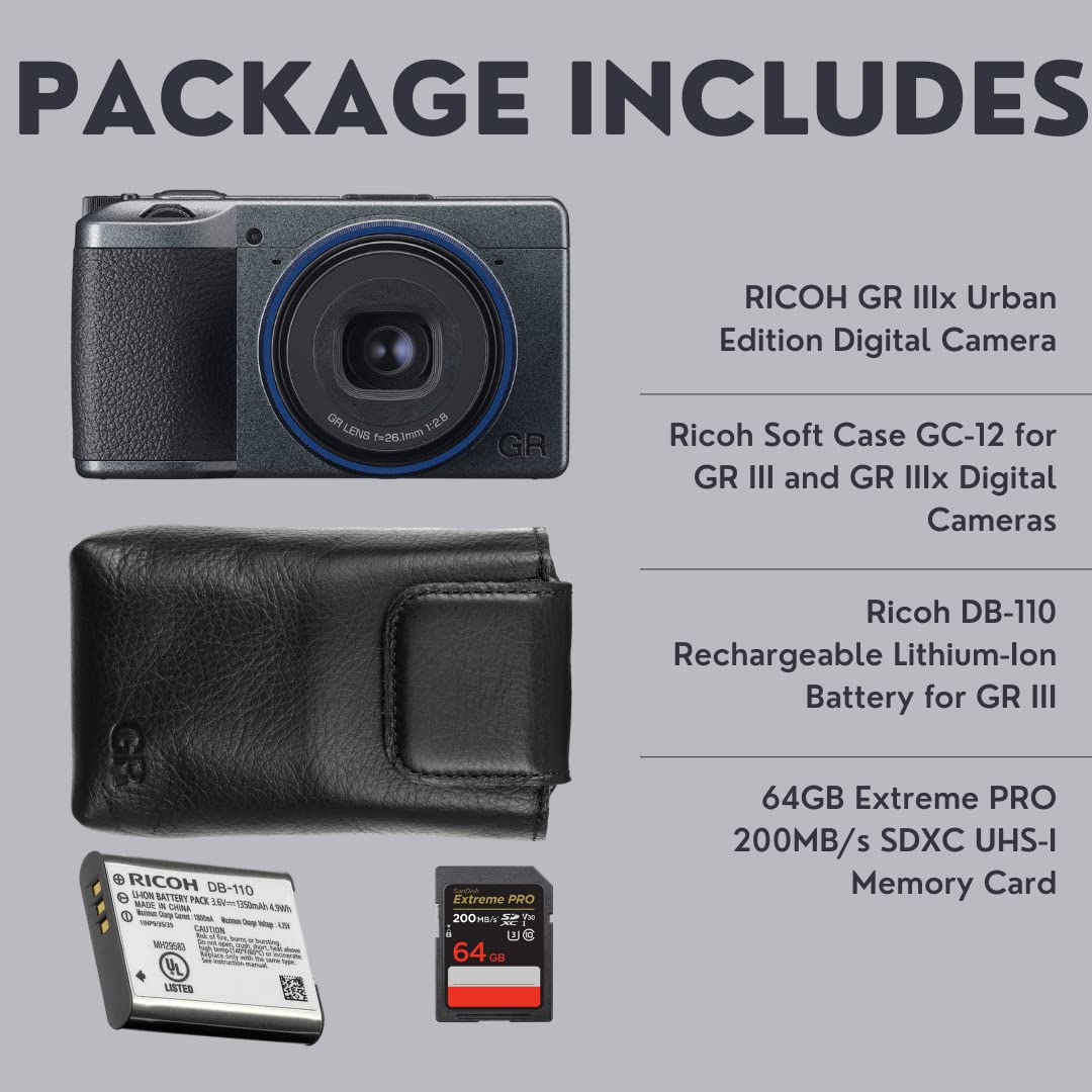 RICOH GR IIIx Urban Edition Digital Camera Bundle with Case, 64GB Extreme PRO 200MB/s SDXC UHS-I Memory Card, and Spare Battery (4 Items)