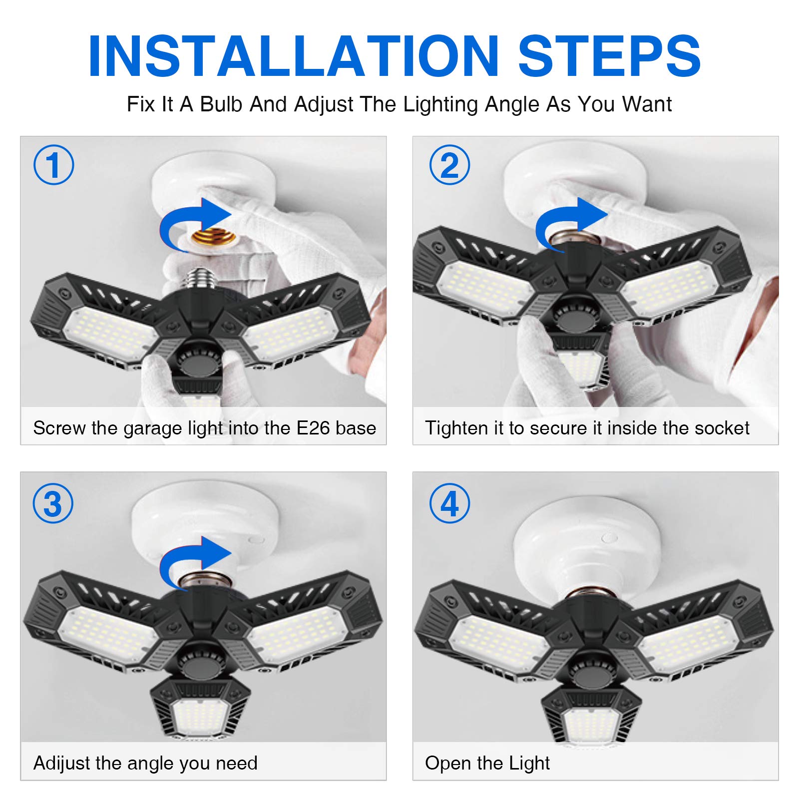 huolaihuowang LED Garage Lights, 80W 270° Deformable Garage Ceiling Light 8000LM 6000K E26 Basement Lights with 3 Adjustable LED Panels Fits for Garage, Warehouse, Barn, Workshop and Yard…