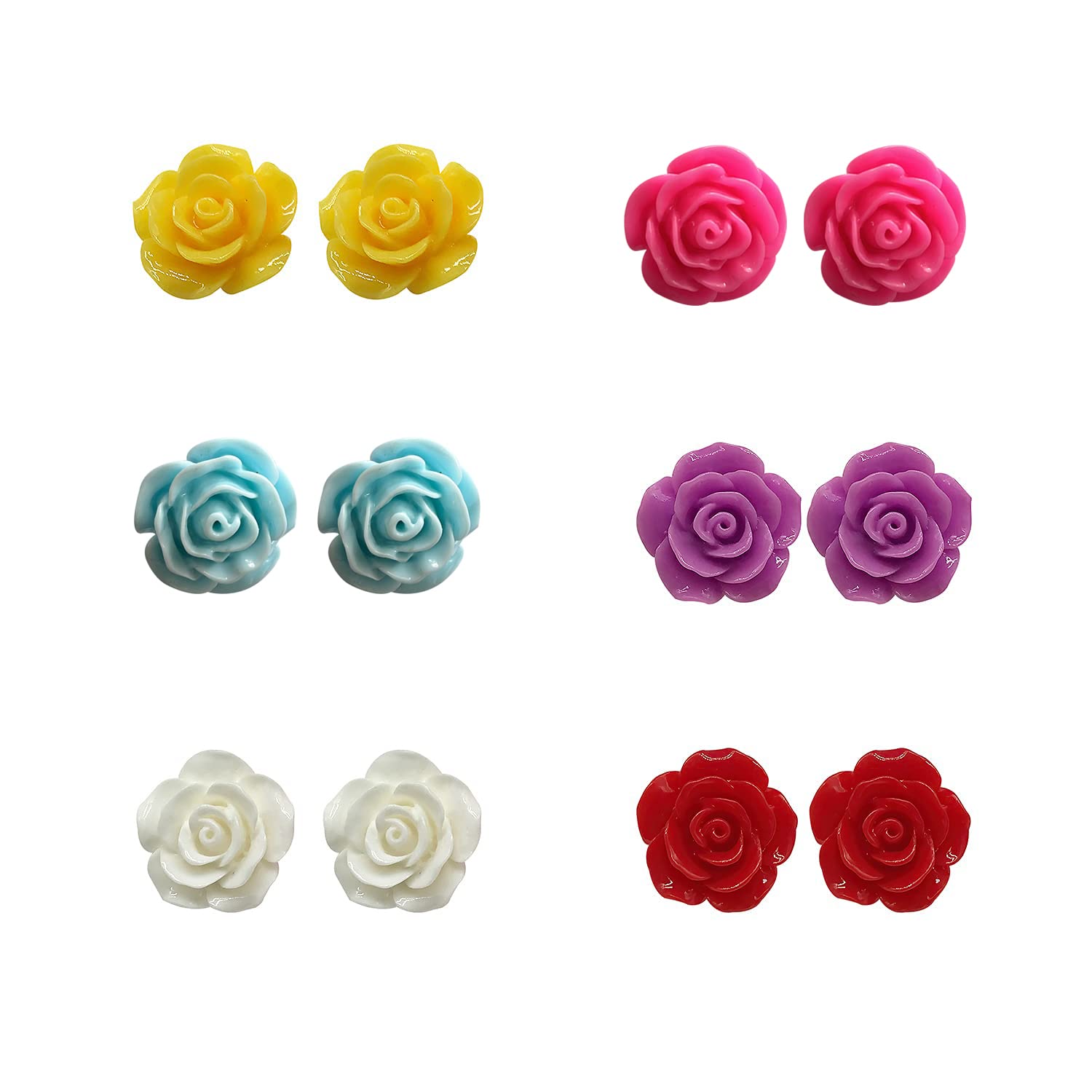 Just Follow 6 Pairs Assorted Colors Resin Rose Flower Earring Studs Set Stainless Steel Post (Yellow+Pink+Green+Purple+White+Red)