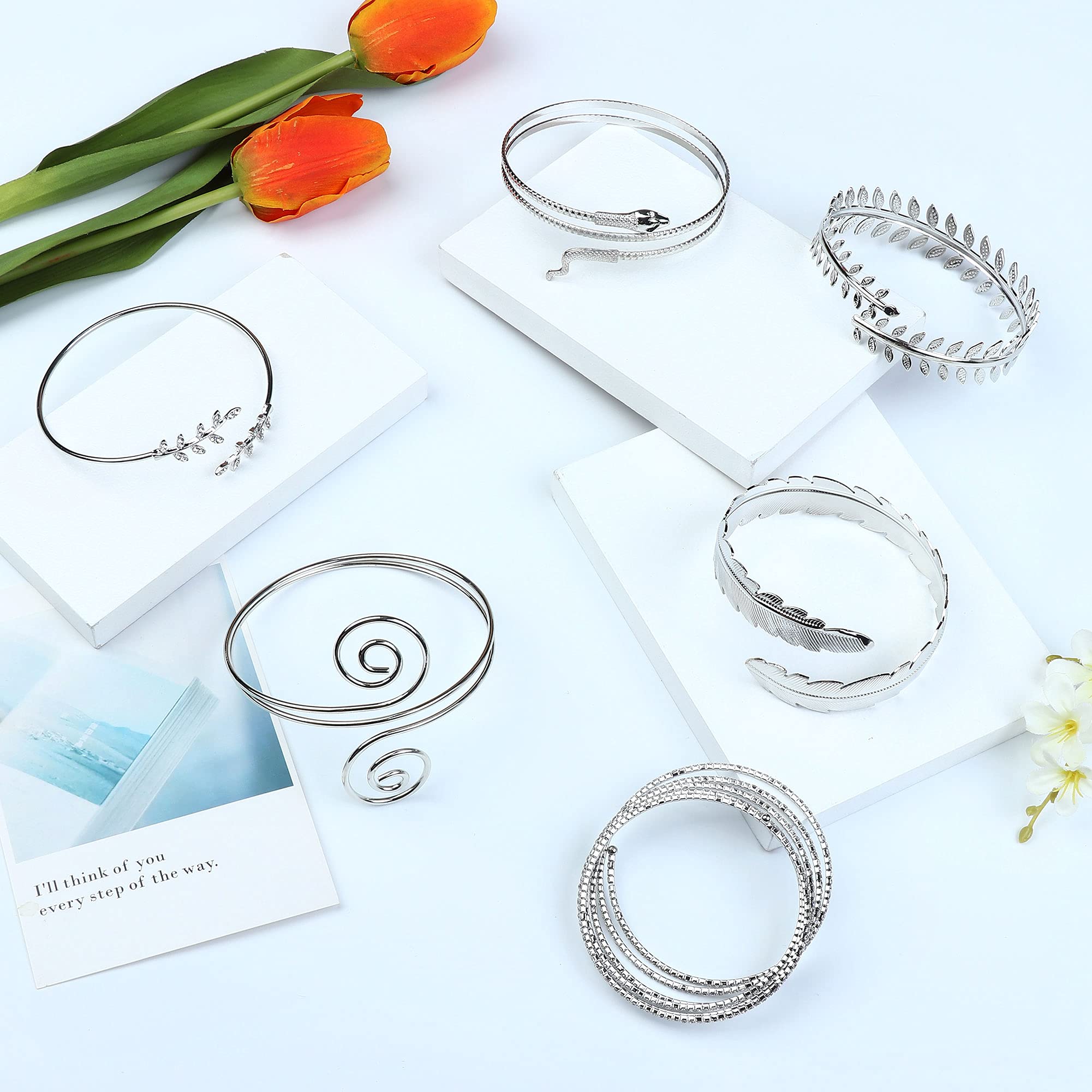 IRONBOX 6Pcs Arm Cuff Upper Arm Bracelet Gold Coil Leaf Feather Snake Arm Cuff Bracelets Silver Adjustable Bangle Armlet Arm Cuff Jewelry for Women