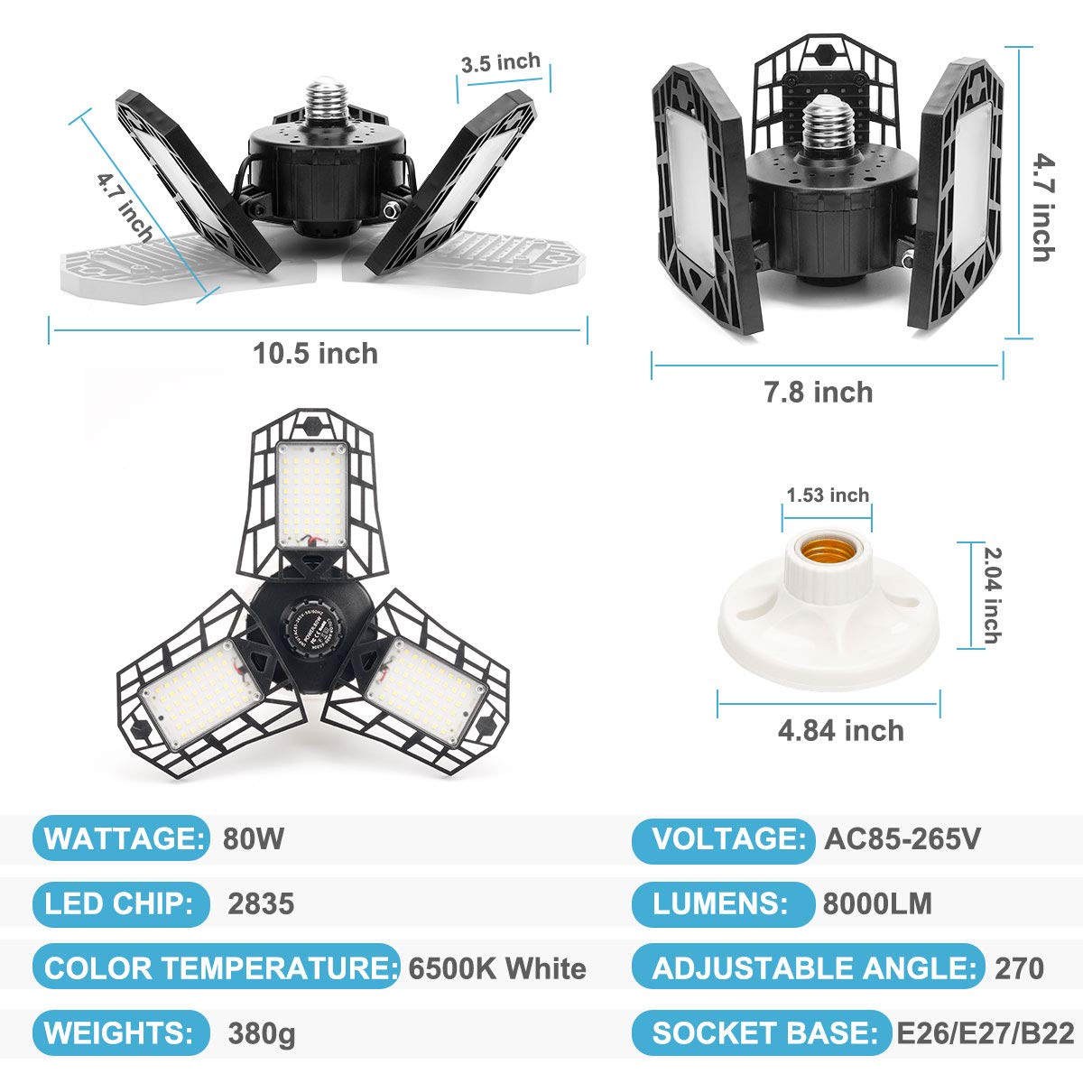 HUOSUC LED Garage Lights, 80W High Bay Lighting, E26/E27 8000LM Deformable LED Garage Ceiling Lights with 3 Adjustable Panels, 6500K Daylight LED Shop Lights for Garage Basement Workshop(2 Pack)