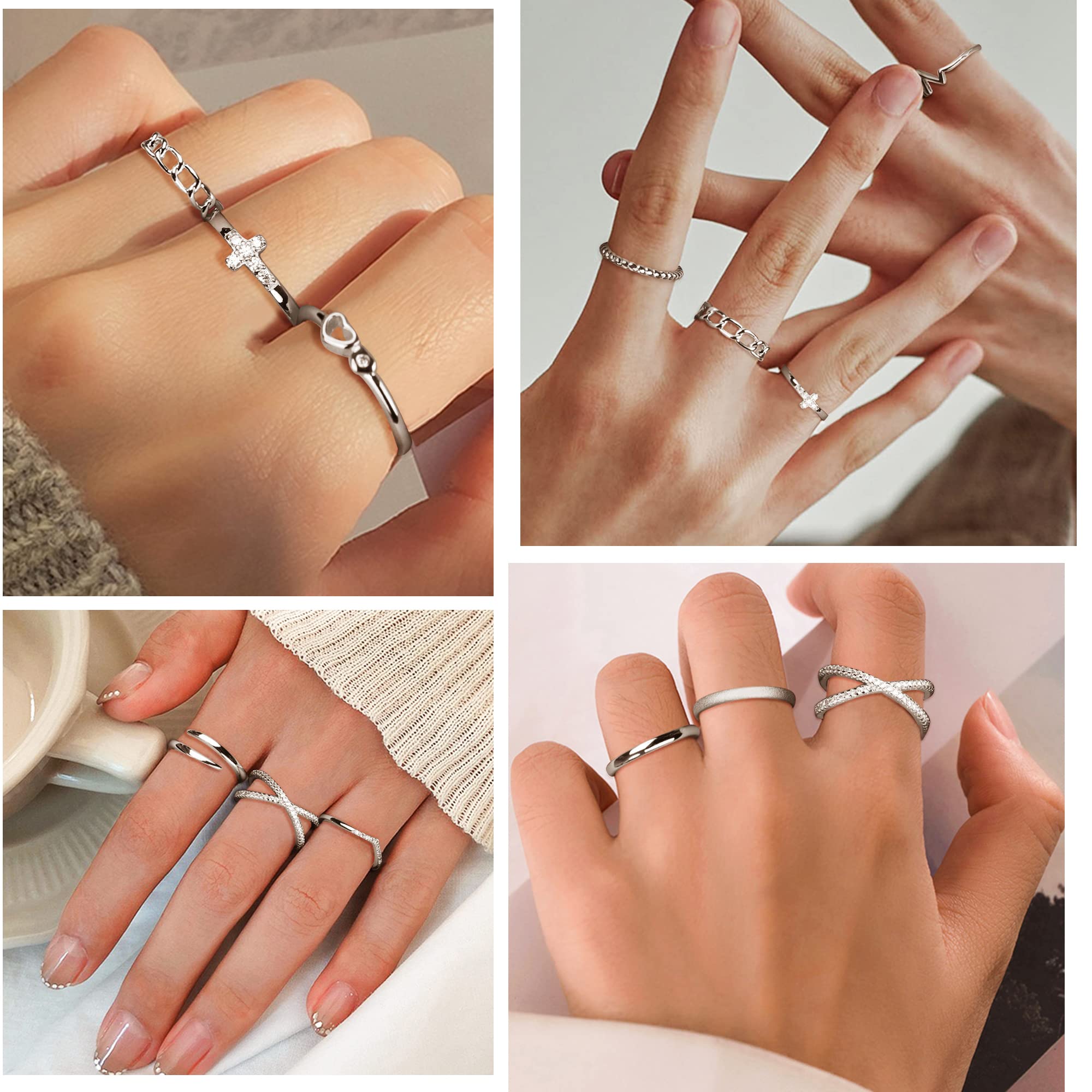 LOYALLOOK 10Pcs 14K Gold Plated Stacking Rings for Women Heart CZ Cross Stackable Knuckle Rings Set Promise Eternity Wedding Plain Rings Dainty Thumb Plain Band Midi Rings Silver Tone Size 9