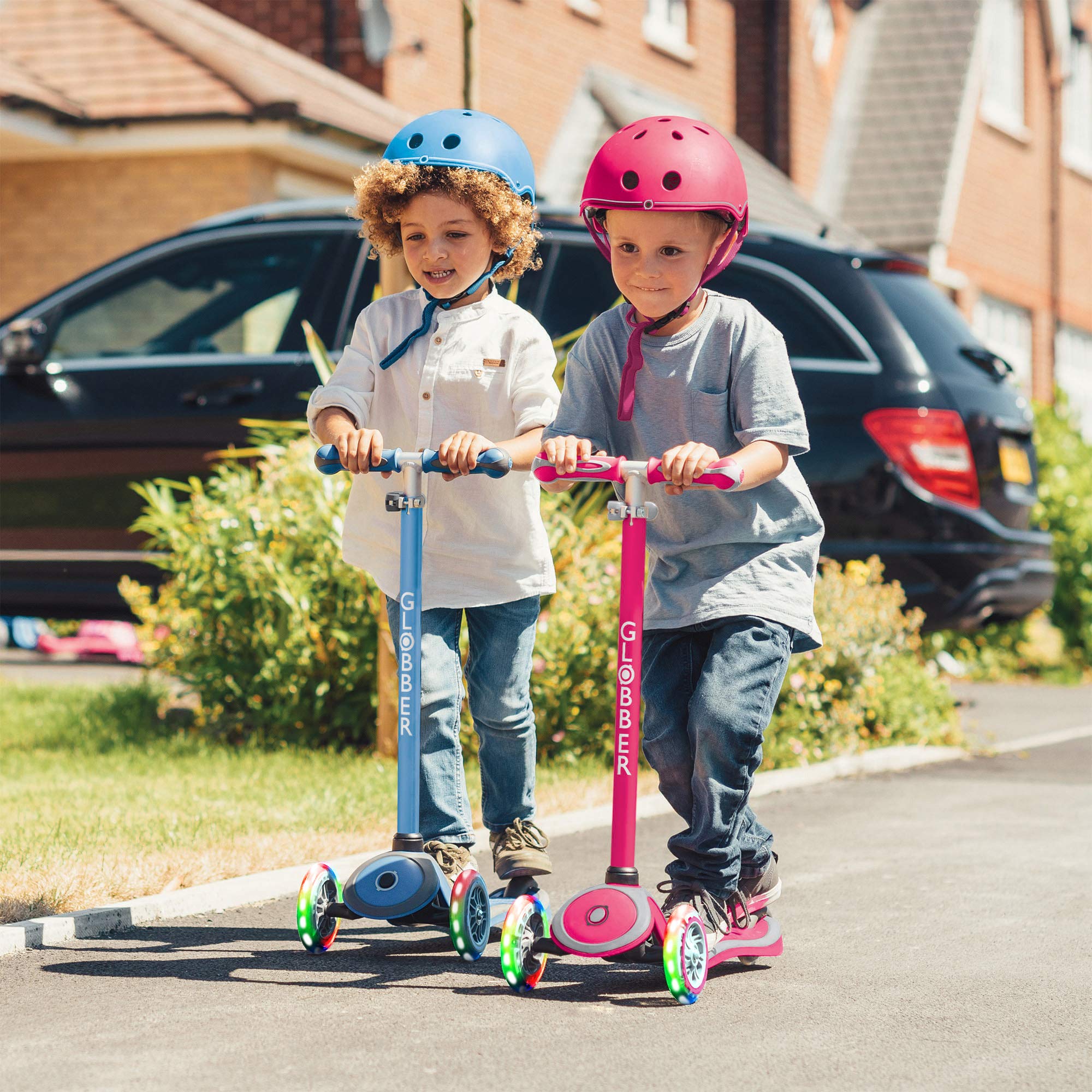 Globber 442-110 V2 3-Wheel Kids Kick Scooter with LED Light Up Wheels and Adjustable Height and Comfortable Grips for Boys and Girls, Pink